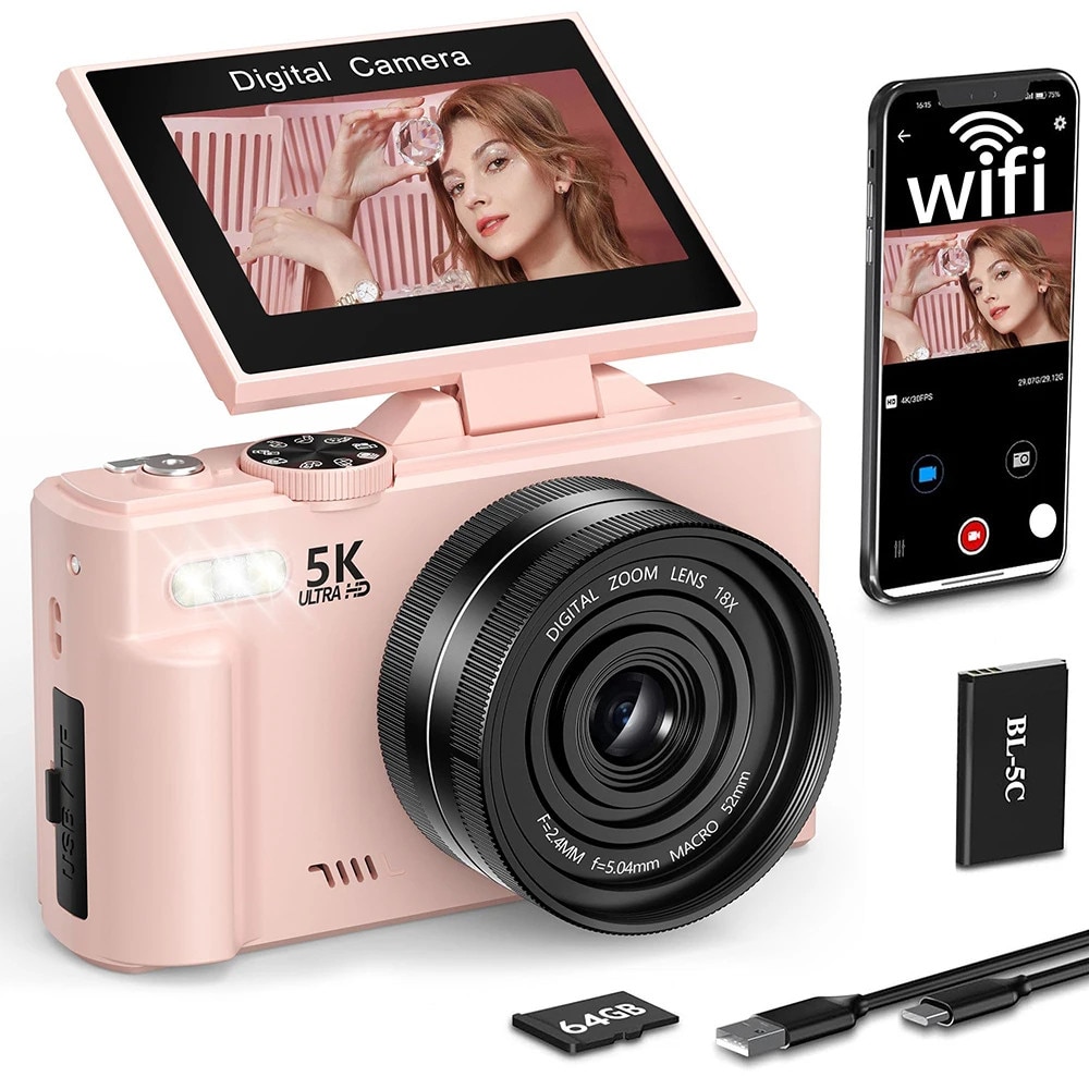 Aparat foto Digital, Garsonal®, 5K, 75 MP, Wi-Fi, Card 32GB Inclus ...