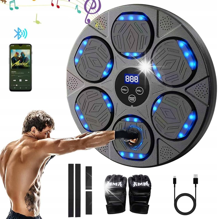 Masina de boks muzicala cu LED, set cu manusi, 15,75x15,75x1,85 inch ...