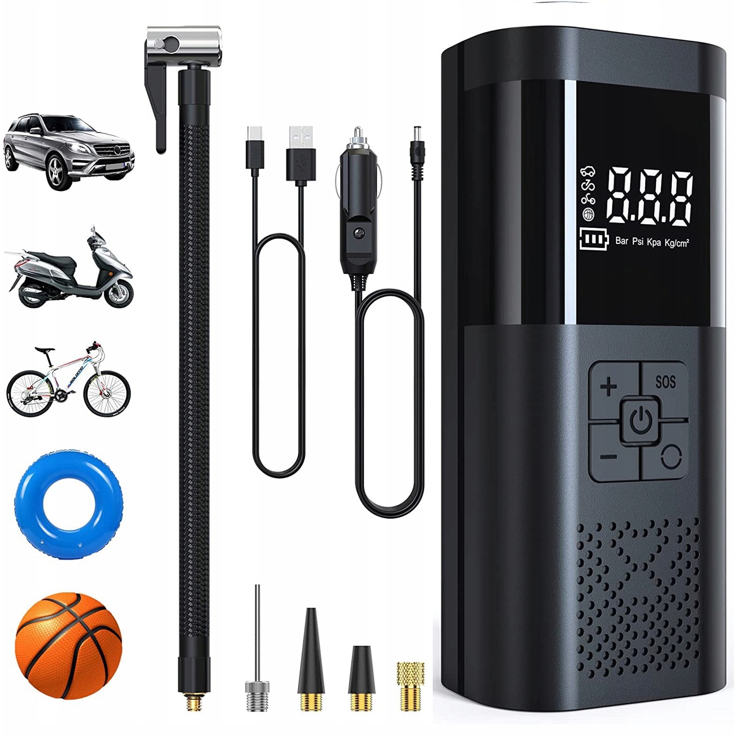 Pompa de umflat electrica 150 PSI, 6000mAh, cu manometru LCD, set ...