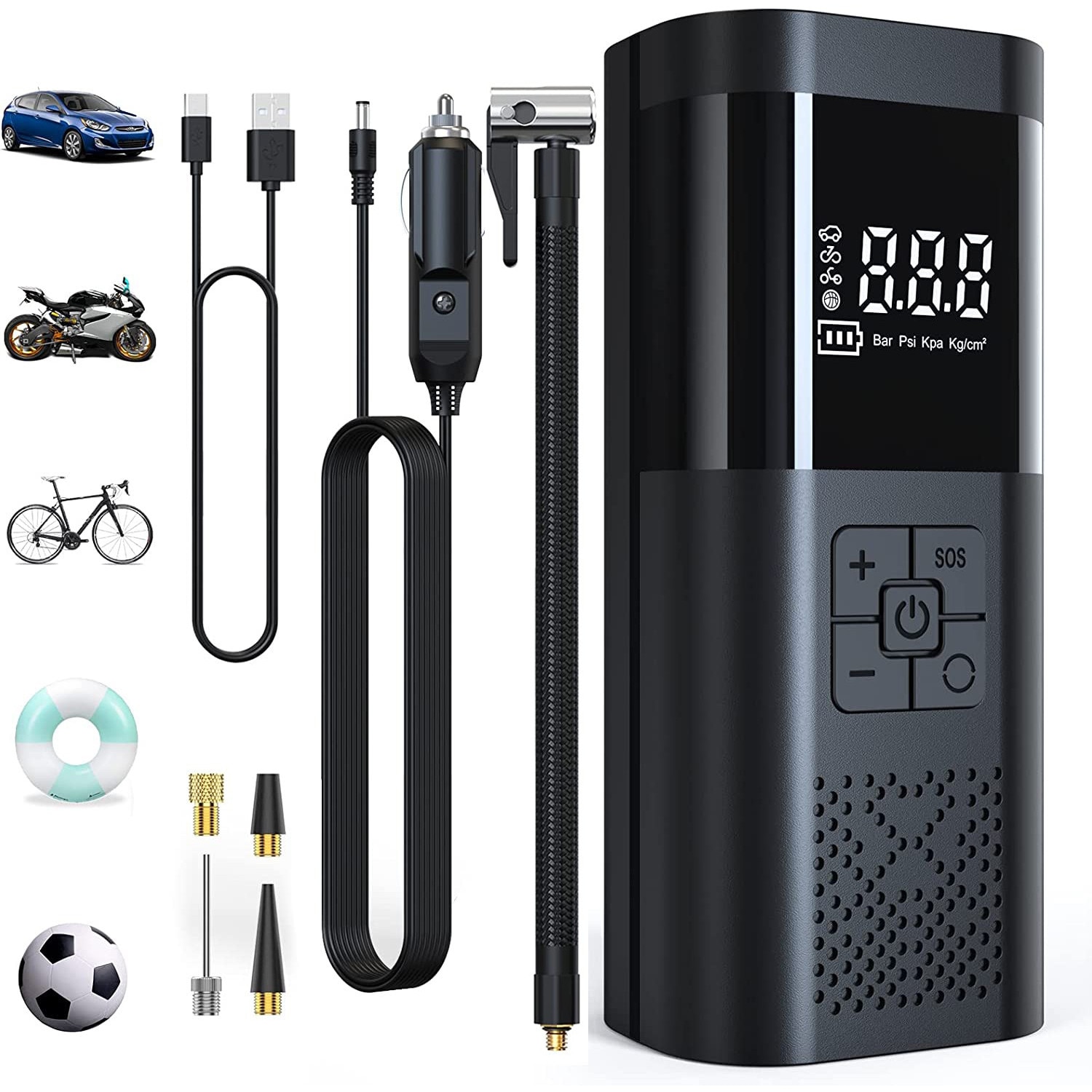 Pompa de umflat electrica 150 PSI, 6000mAh, cu manometru LCD, set ...