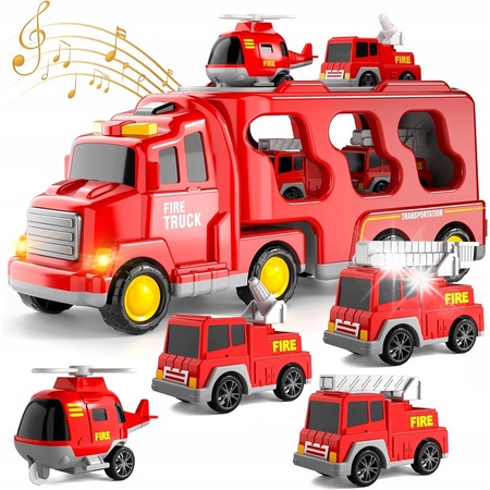 Set masinute de pompieri, 1 vehicul mare si 6 masini mici, rosu, pentru ...