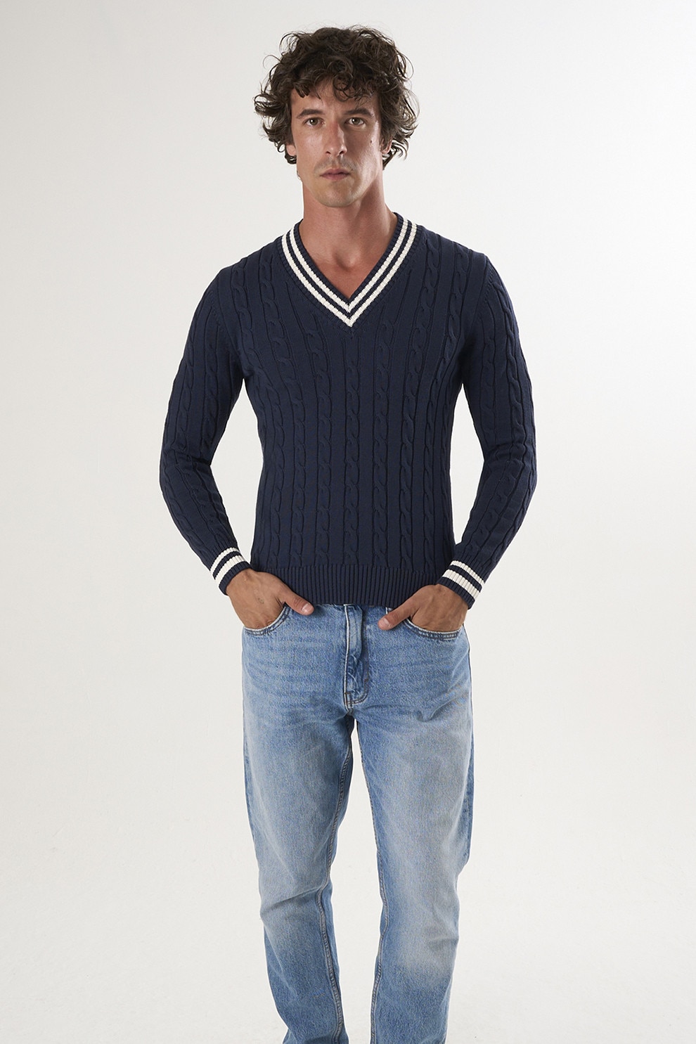 FELIX HARDY, Pulover din bumbac cu decolteu in V, Alb murdar, Bleumarin ...