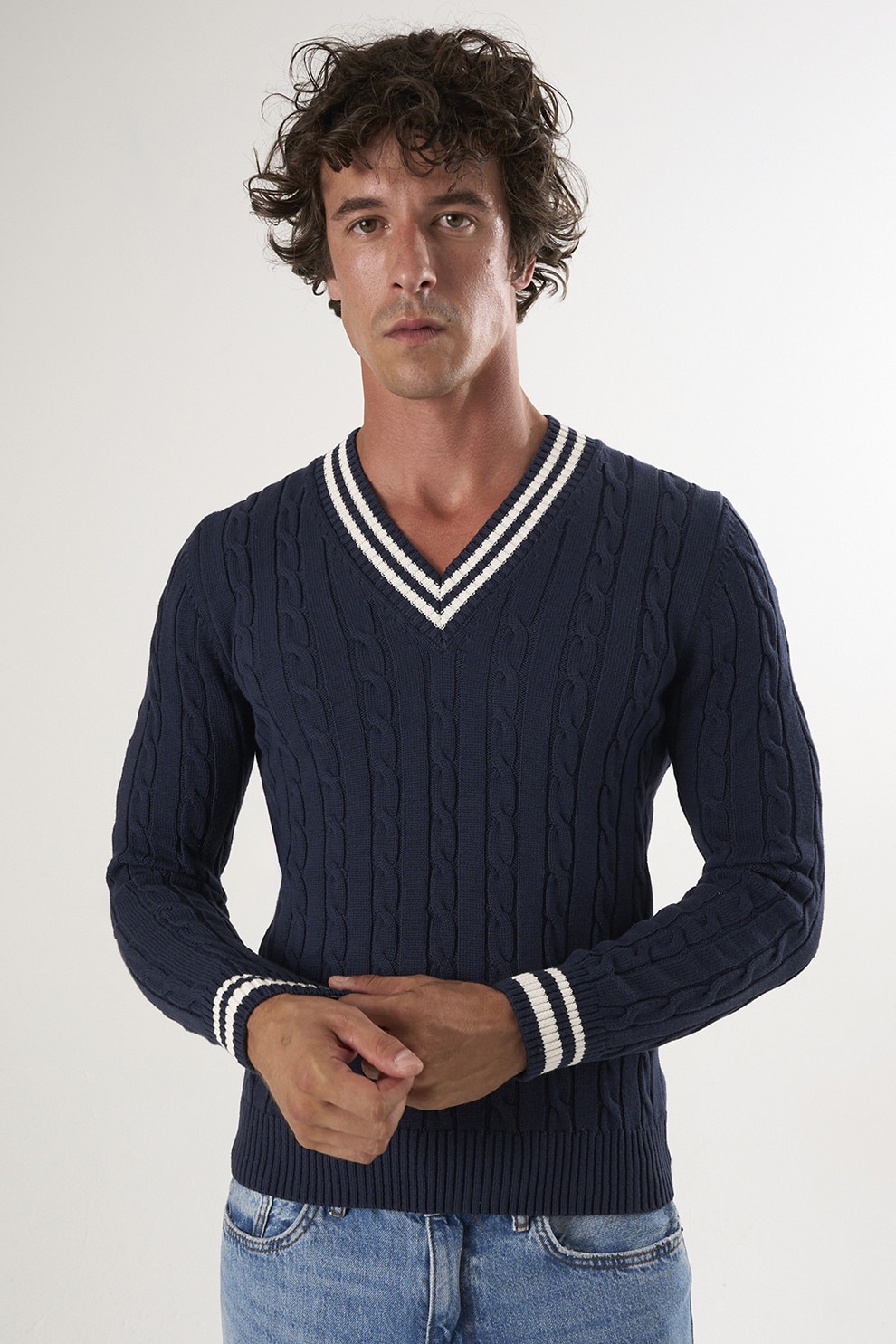 FELIX HARDY, Pulover din bumbac cu decolteu in V, Alb murdar, Bleumarin ...