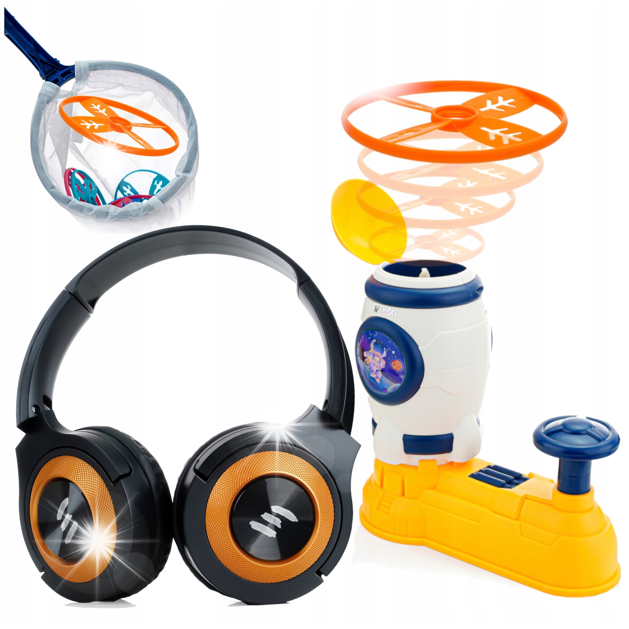 Set jucarii interactive, lansator discuri, 2 carlige, casti bluetooth ...