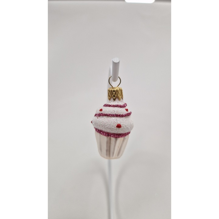 Glob de Craciun din sticla, Babeczka roz, 4.5x2.5x4.5 cm, decorat ...