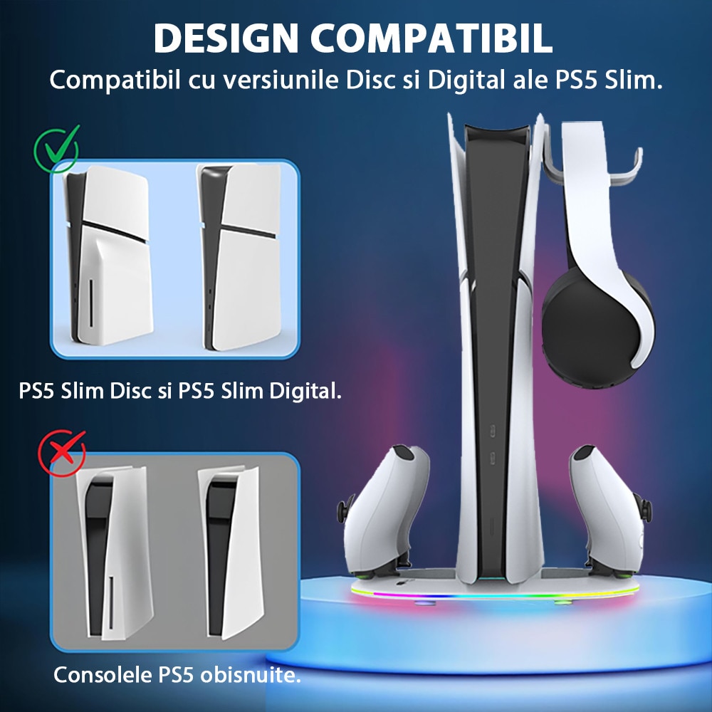 Stand vertical 5 in 1 multifunctional PS5 / PS5 Slim, DONFANLIA®, RGB ...