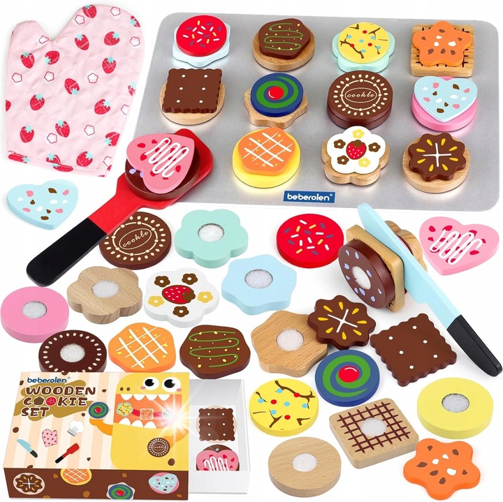 Set de jucarii din lemn, 30 piese, multicolor, pentru bucatarie ...