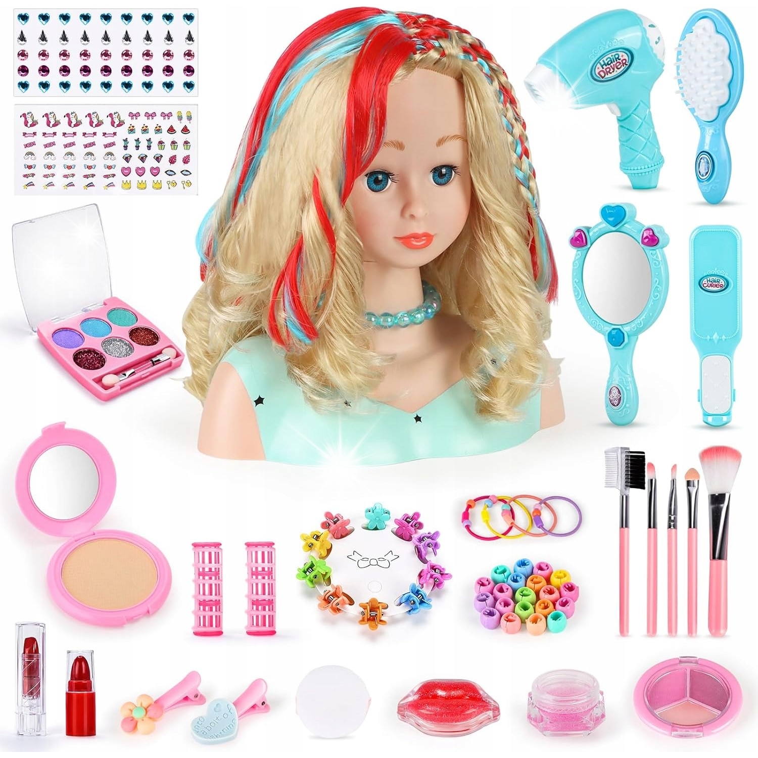 Set de frizerie pentru copii, 58 accesorii, cap de papusa, creativitate ...