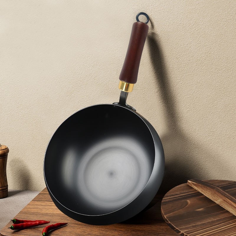 Tigaie tip wok, fonta, 24 cm, cu capac, maner detasabil din lemn - eMAG.ro