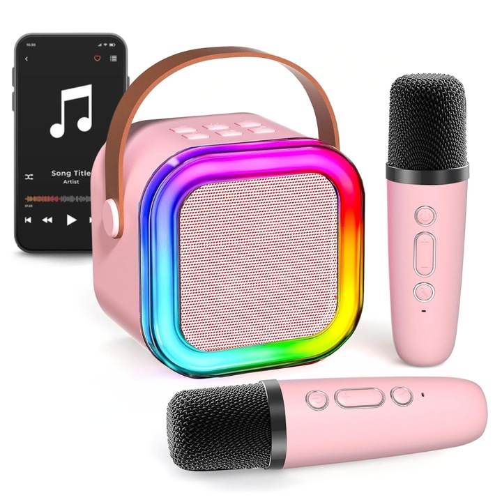 Set Karaoke cu Boxa Bluetooth si 2 Microfoane Wireless, Lumini LED RGB ...
