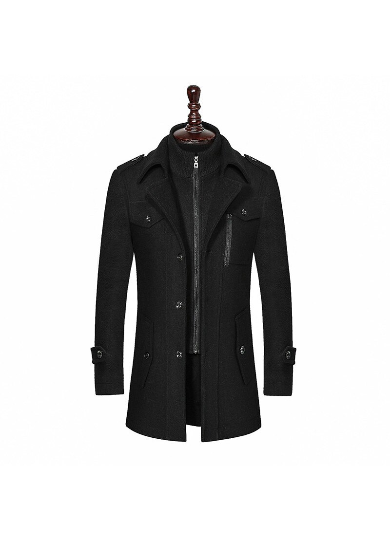 Palton de lana pentru barbati, elegant, cu guler dublu, negru, L INTL ...