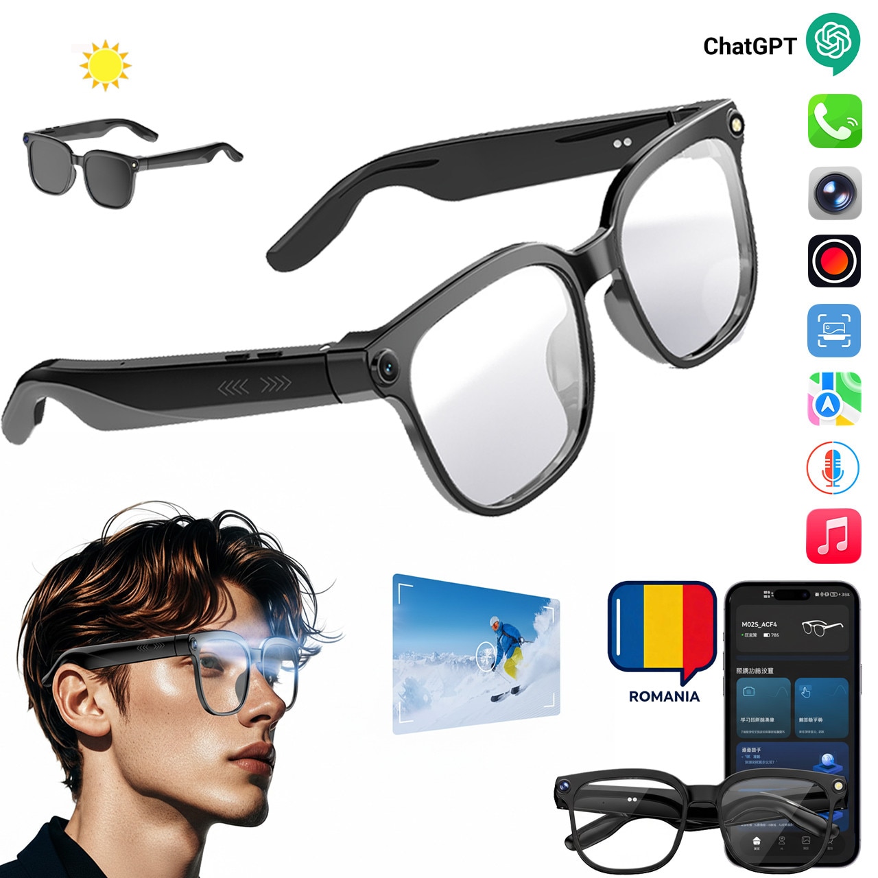 Ochelari Inteligenti Wanyan cu Camera 8MP, Difuzor, Polarizati, Negru ...