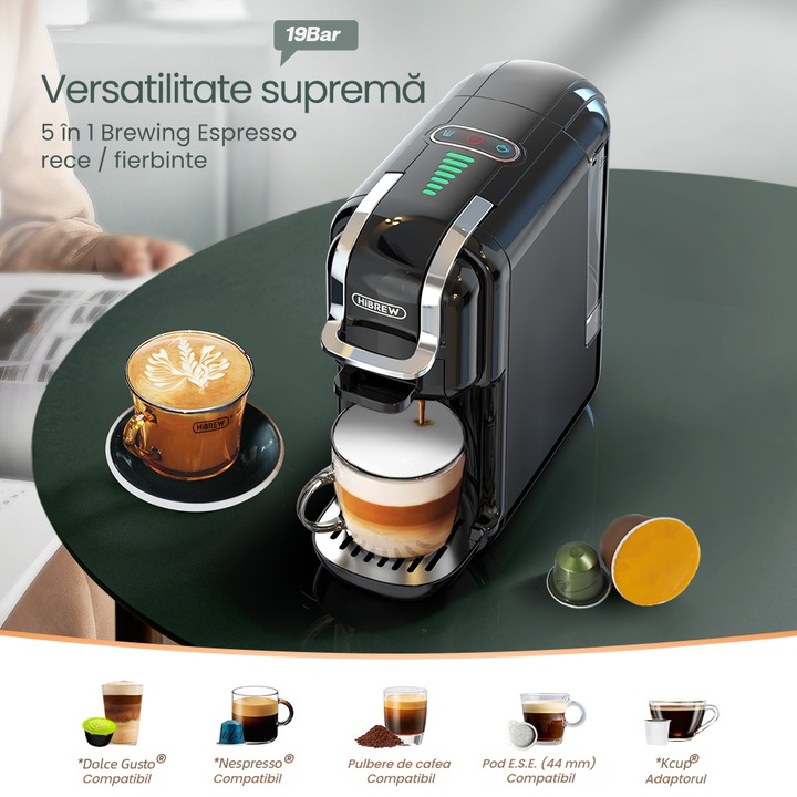 Espressor universal 5in1 HiBREW H2B, 19 bar, 1450W, 600ml, Thermoblock ...