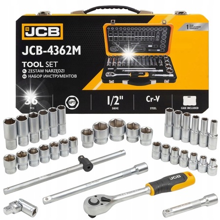 Set unelte JCB 36 elemente, chei cu nasuri 1/2", gratar, valiza ...
