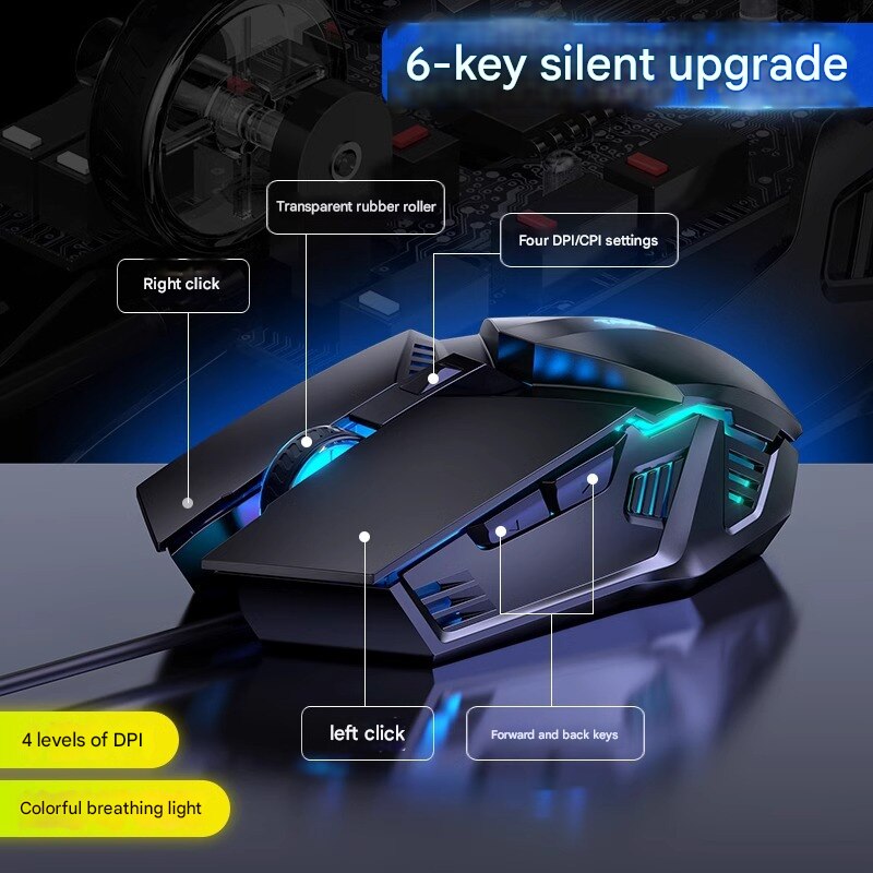 Mouse gaming mecanic cu 6 butoane, 5 culori lumina, cablu USB, design ...