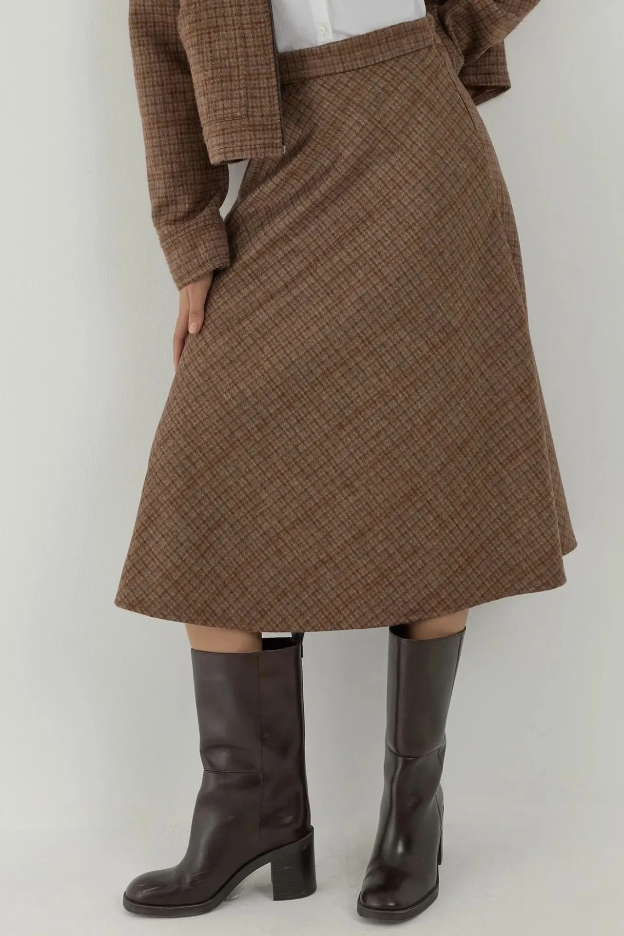 Fusta midi, HiCCUP, talie inalta, carouri, maro castor, amestec de lana ...