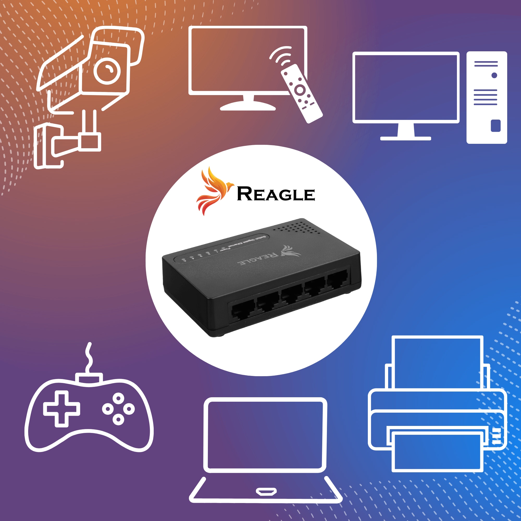 Суитч Reagle 5 порта Gigabit Ethernet RJ45, 10/100/1000 Mbps, компактен ...