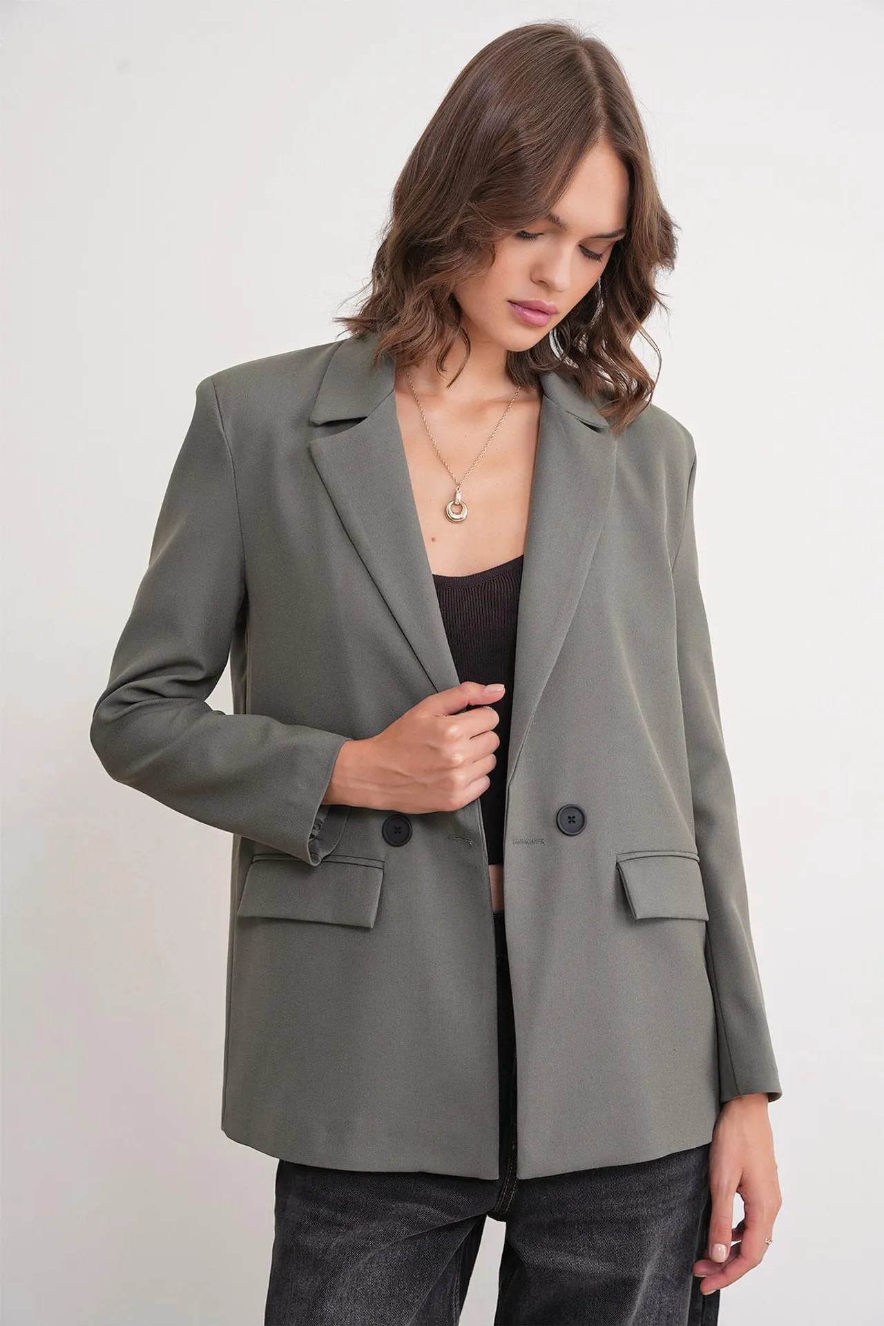 Sacou dama, Mixray, cu maneca lunga, verde kaki, textil, L INTL - eMAG.ro