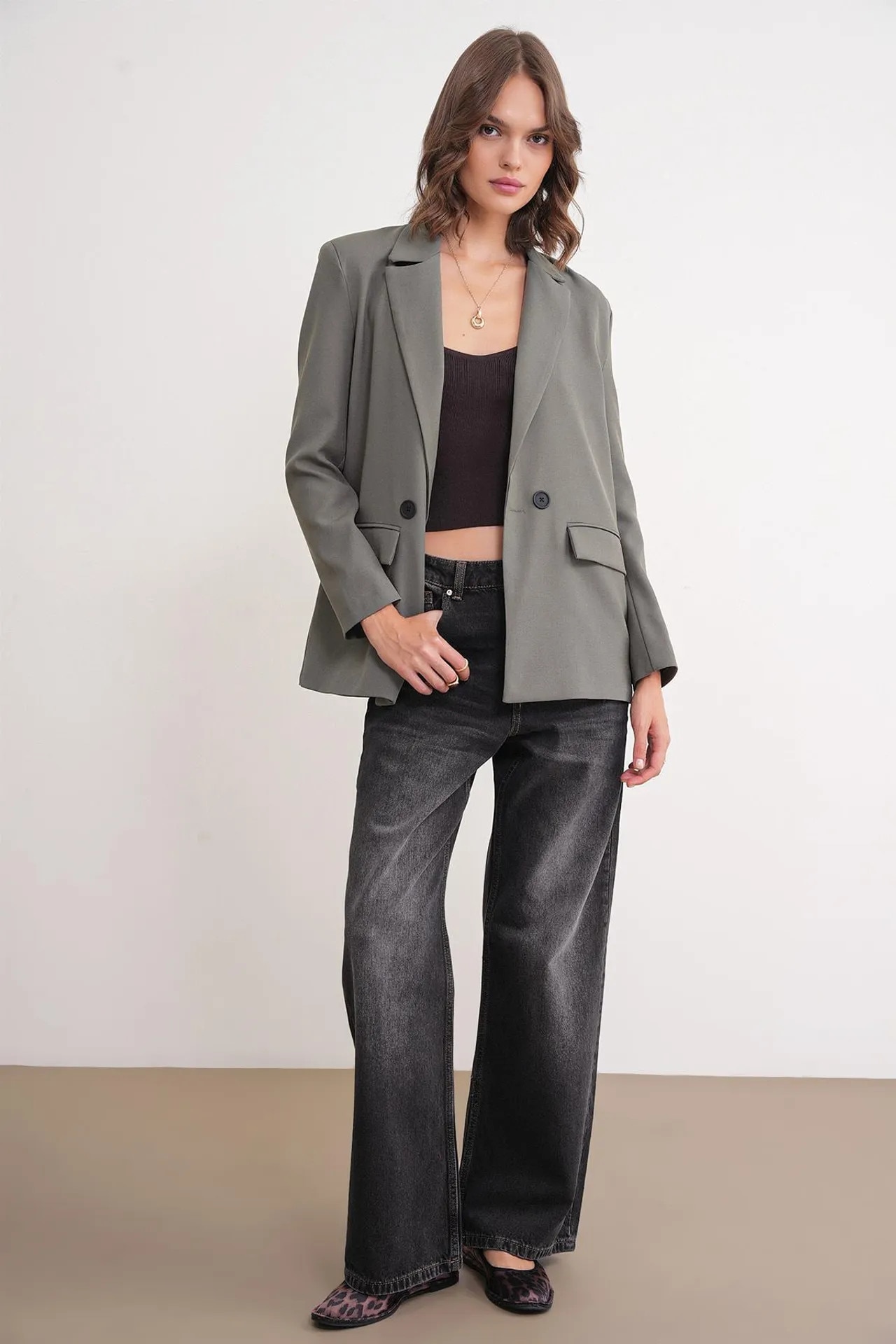 Sacou dama, Mixray, cu maneca lunga, verde kaki, textil, L INTL - eMAG.ro