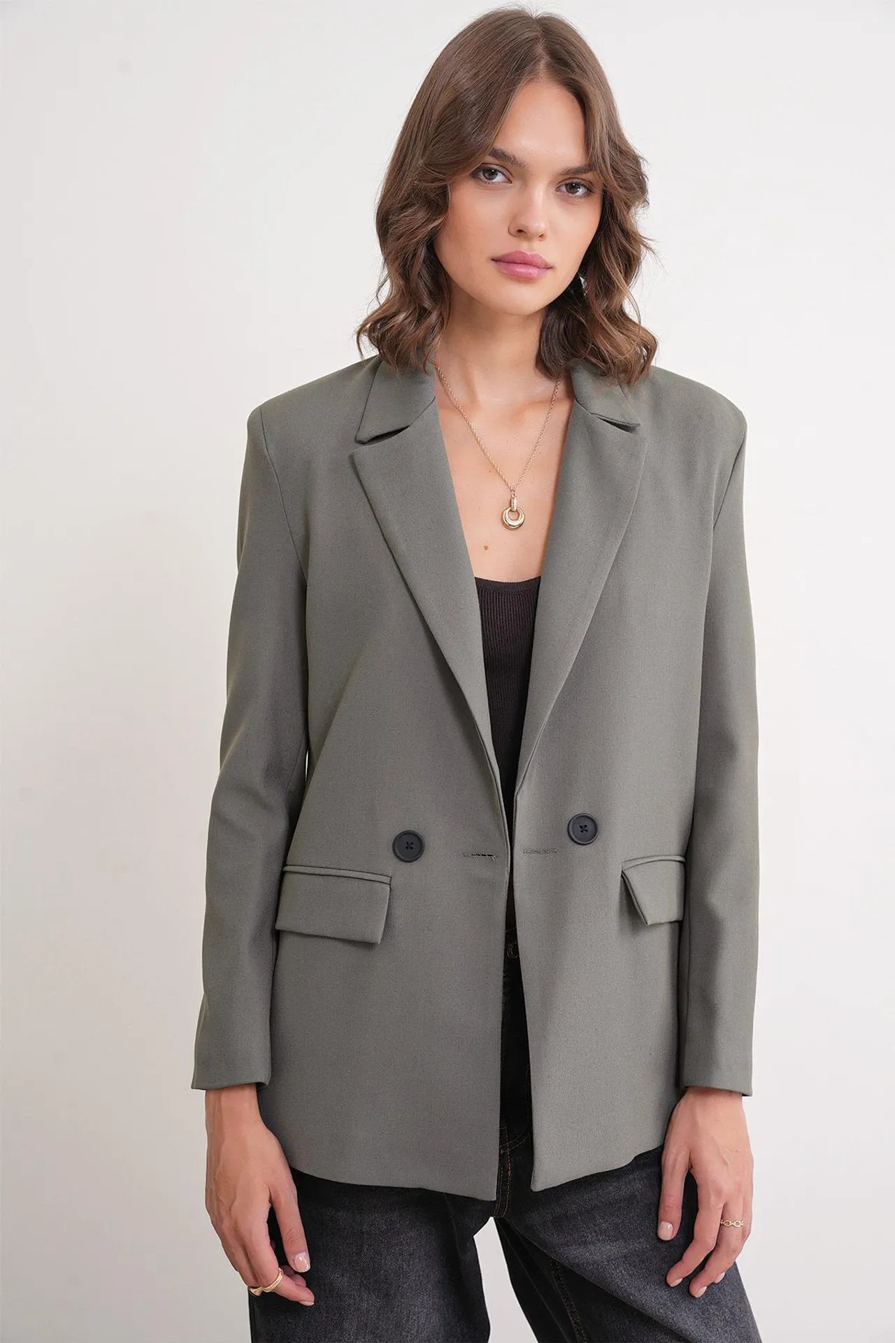 Sacou dama, Mixray, cu maneca lunga, verde kaki, textil, L INTL - eMAG.ro