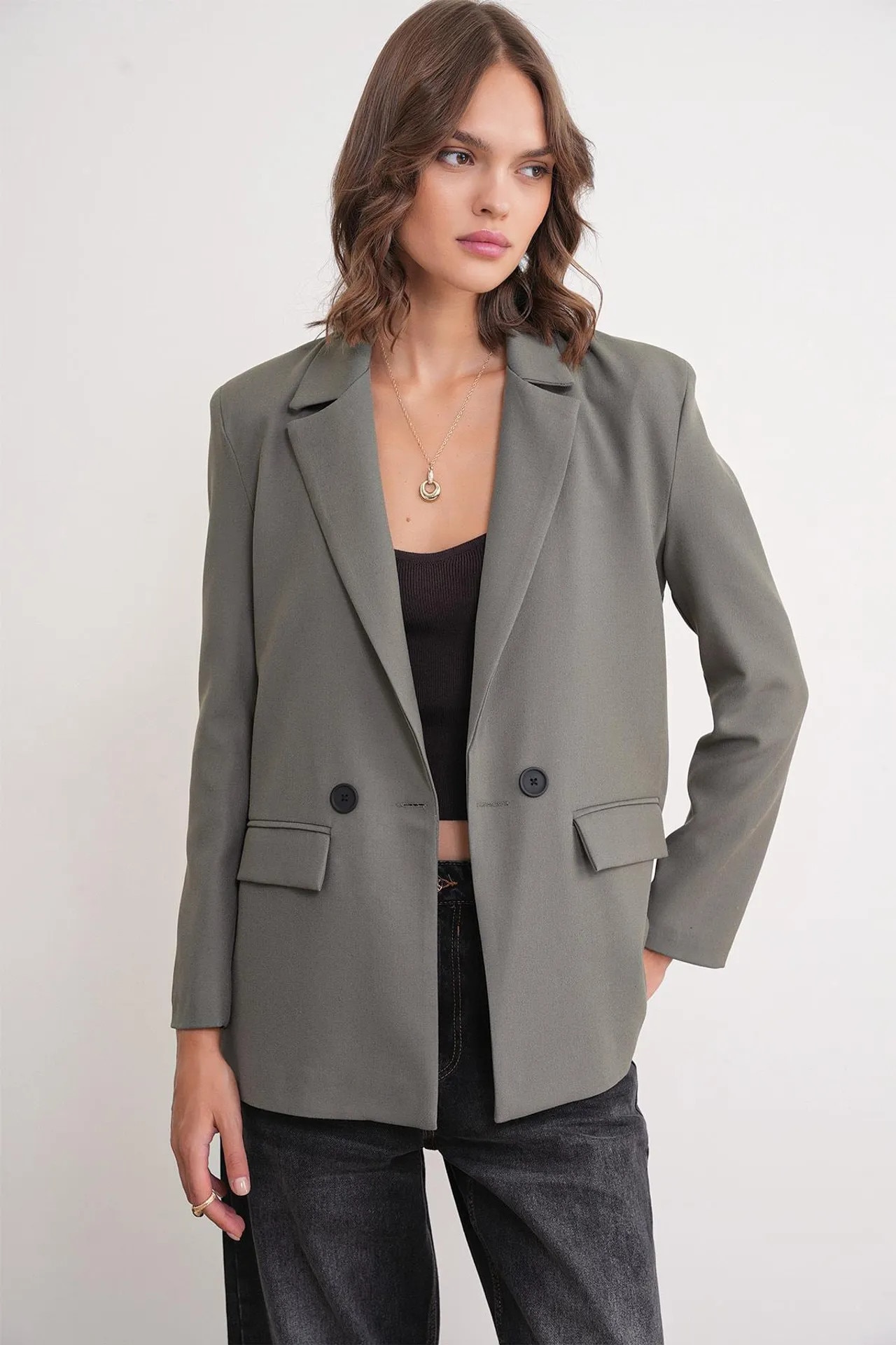 Sacou dama, Mixray, cu maneca lunga, verde kaki, textil, L INTL - eMAG.ro