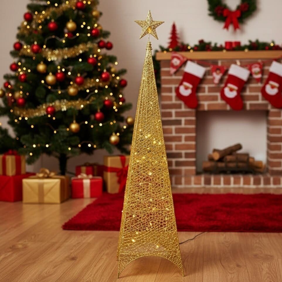 Copac Decorativ 150cm Auriu cu LED, Piramida Metalica Luminoasa, Brad ...