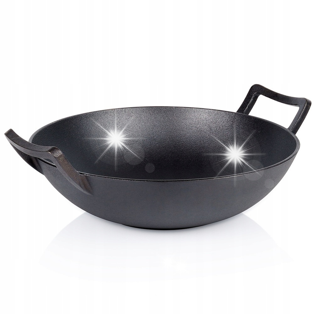 Tigaie wok din fonta, 36 cm, doua manere, neagra, set - eMAG.ro