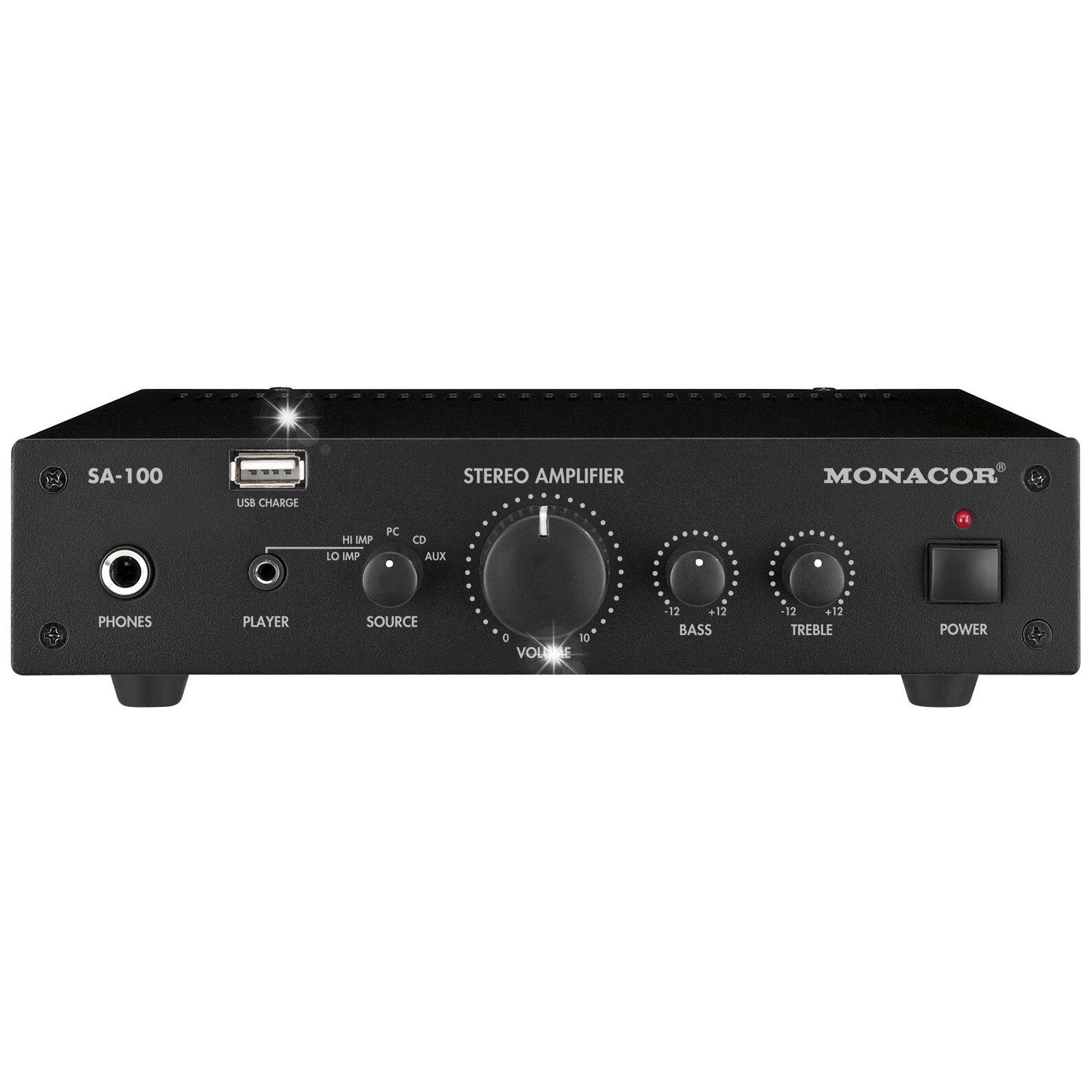 Amplificator compact stereo, 50WRMS, Monacor, metalic, cu intrare audio ...
