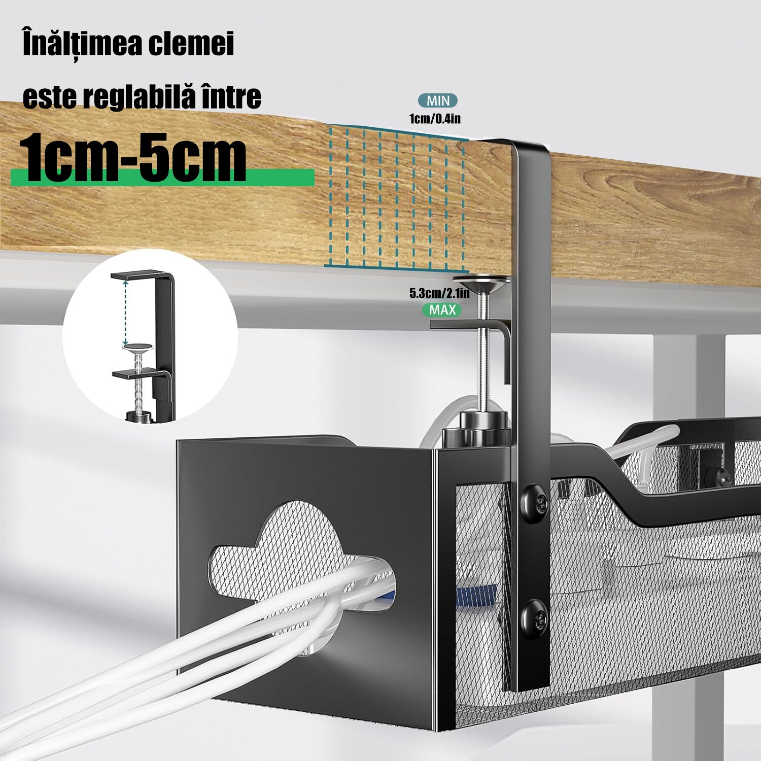 ARATAN - Tava de Gestionat Cabluri sub Birou 80 cm, Fara Gaurire, cu ...