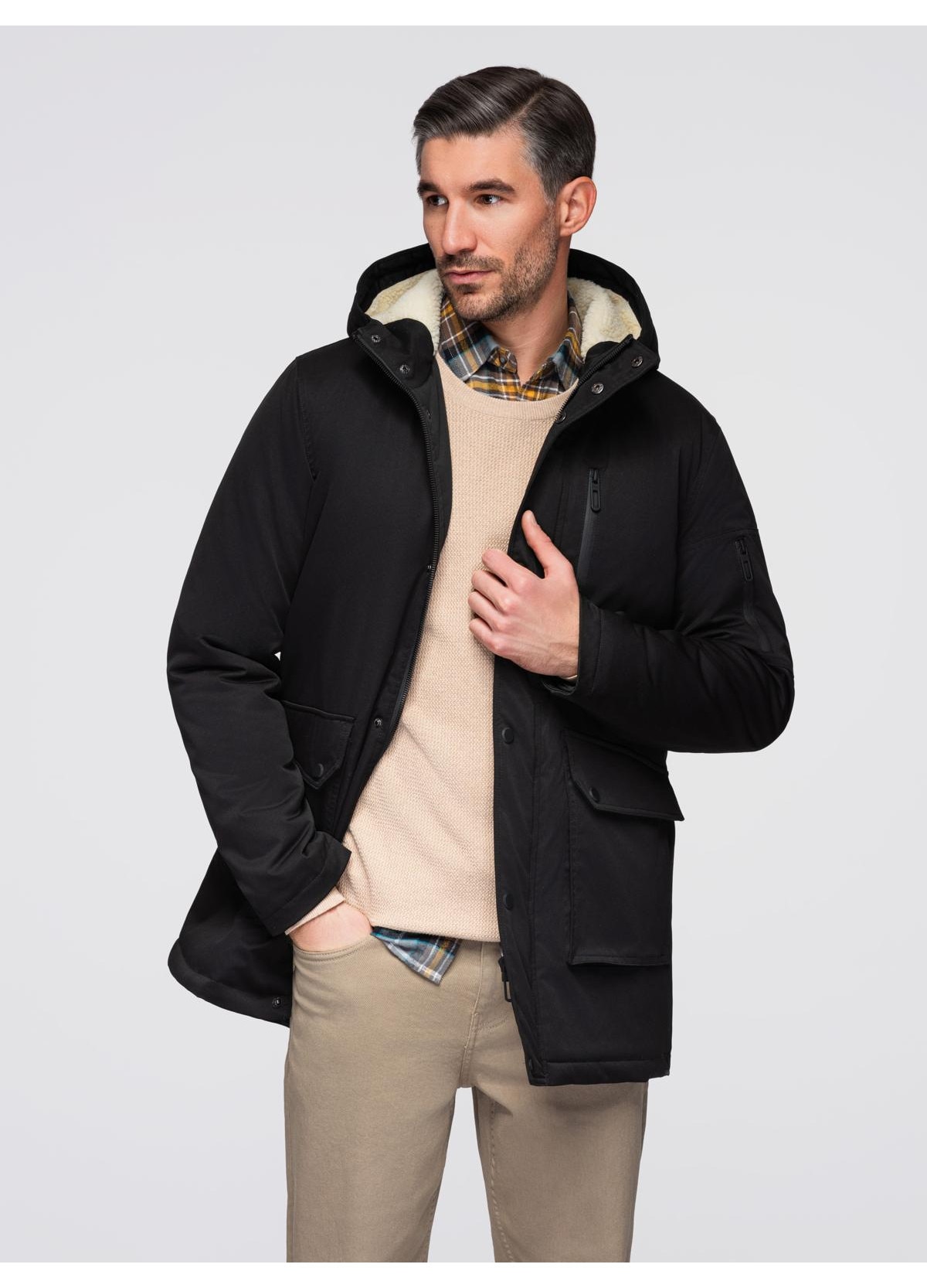 Geaca lunga tip parka in stil sherpa OMBRE OM-JAPJ-0316 - eMAG.ro