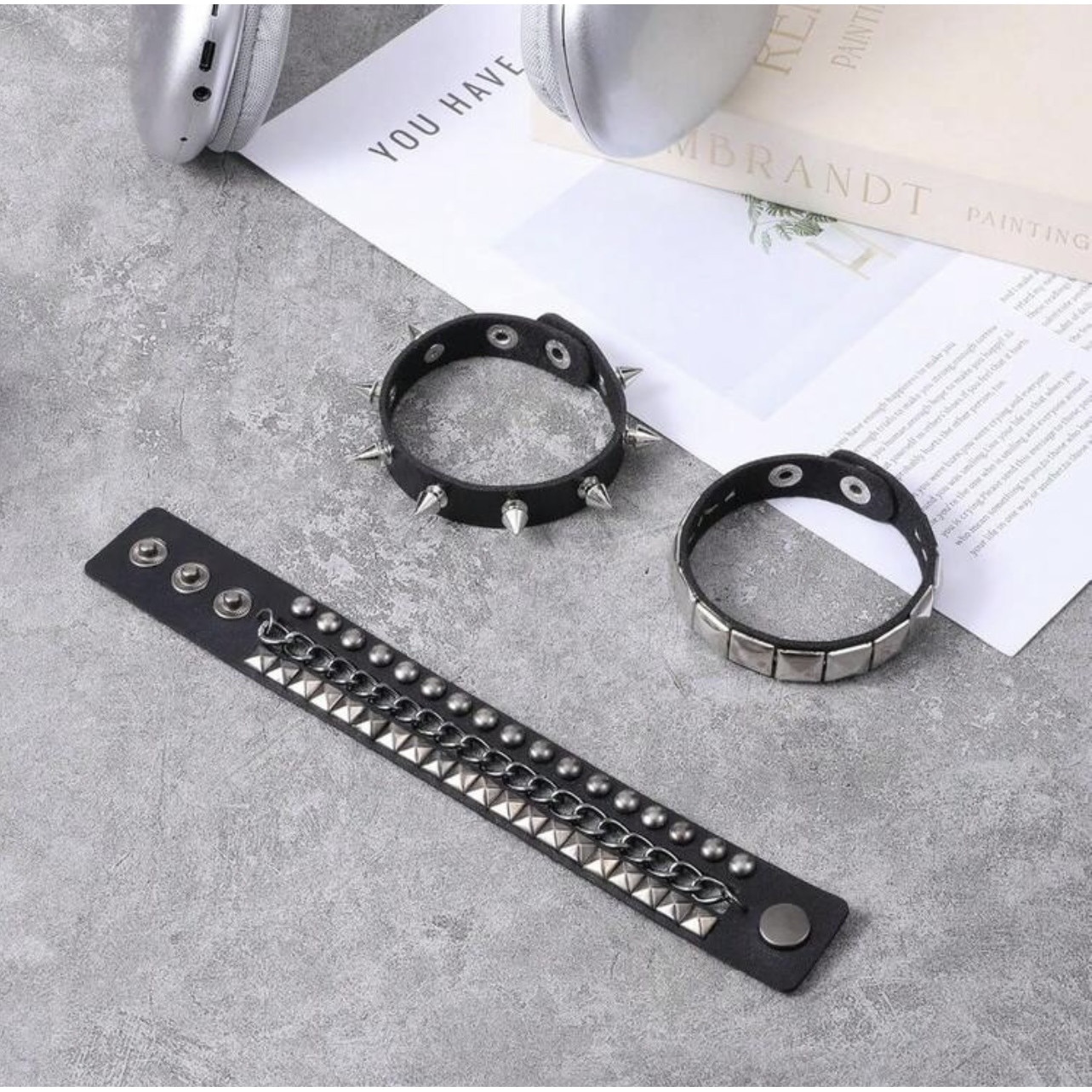 Set bratari din piele cu tinte, stil Punk, 3 piese, negru, pentru ...