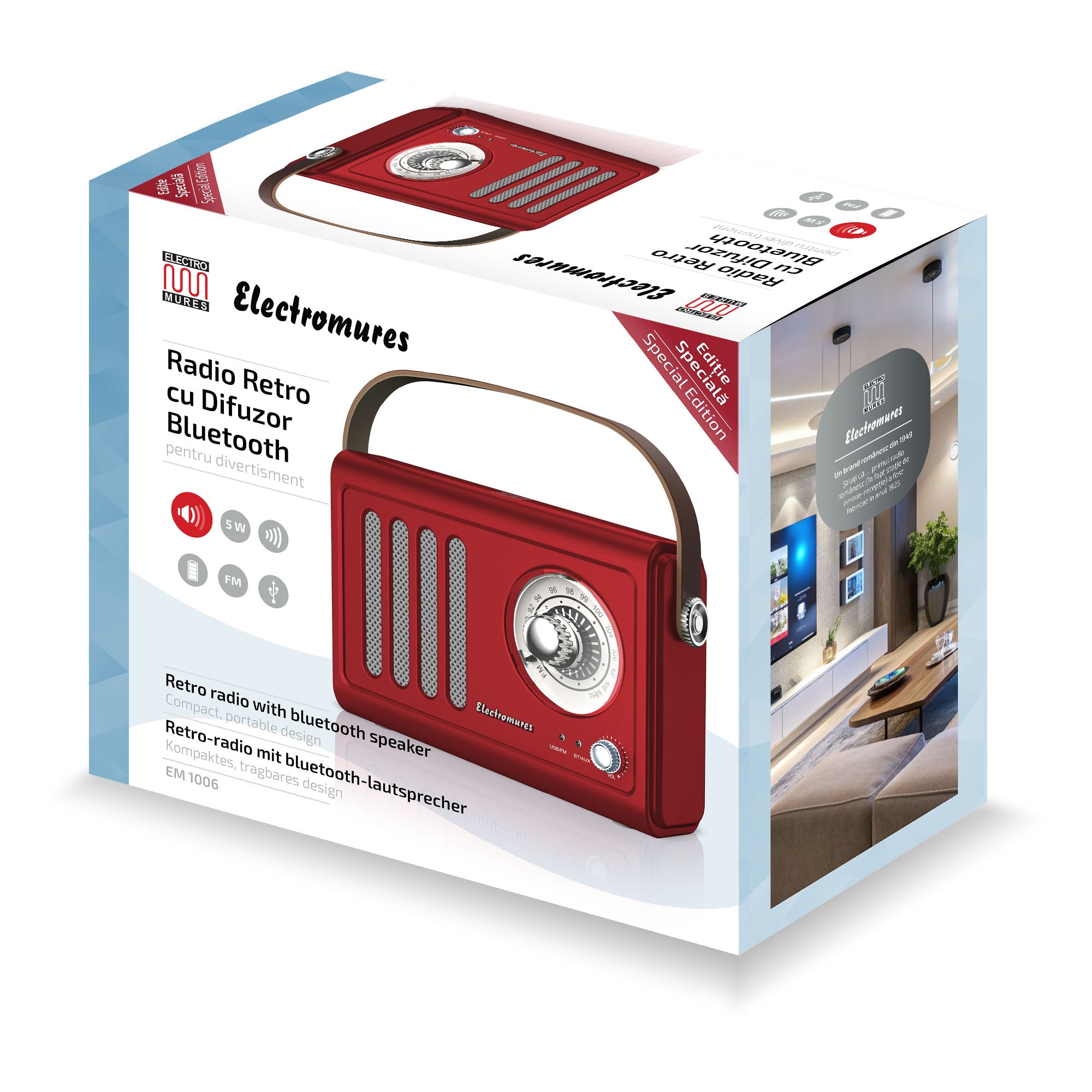 Radio retro cu difuzor Bluetooth Electromures EM 1006, 5V, Baterie ...