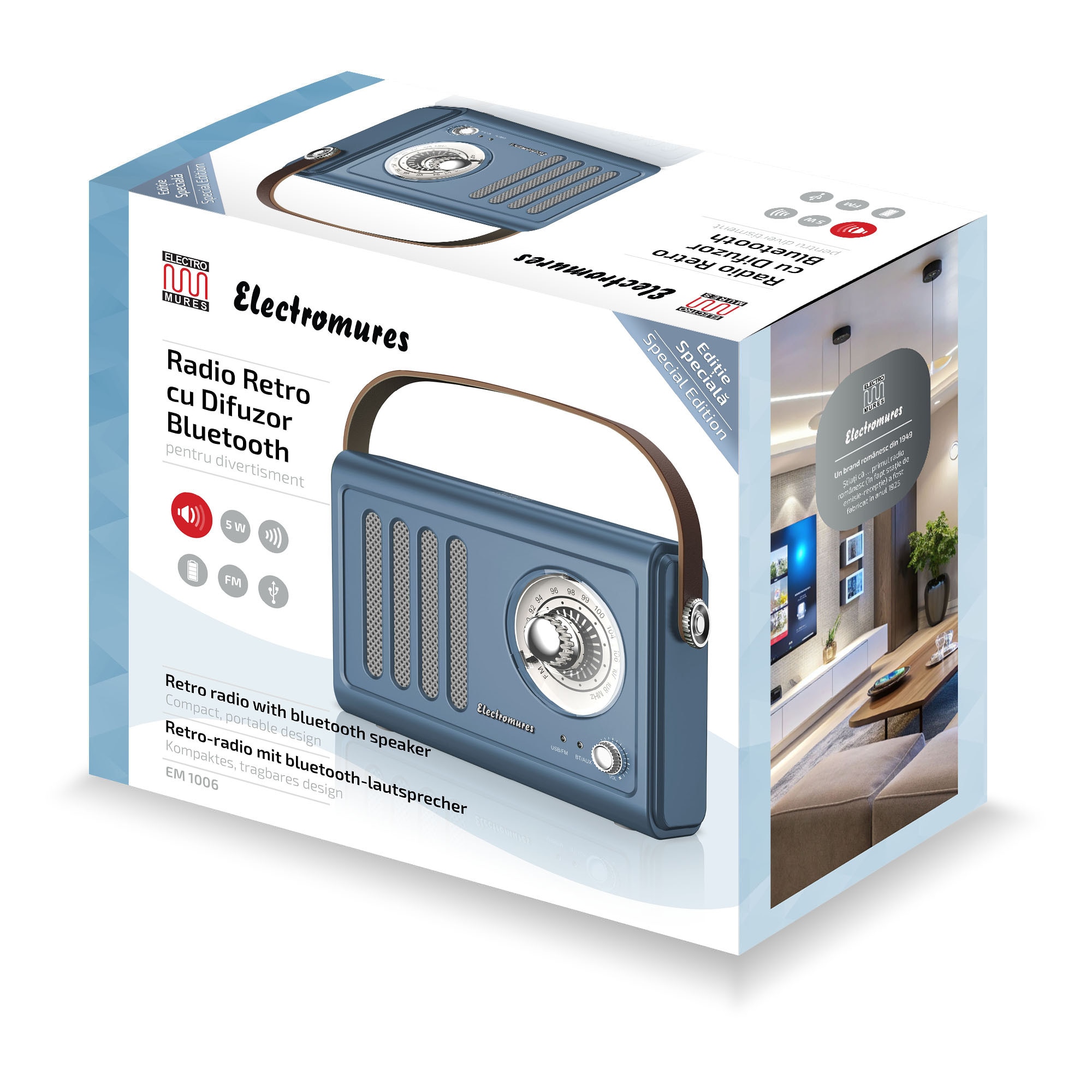 Radio retro cu difuzor Bluetooth Electromures EM 1006, 1500 mAh ...