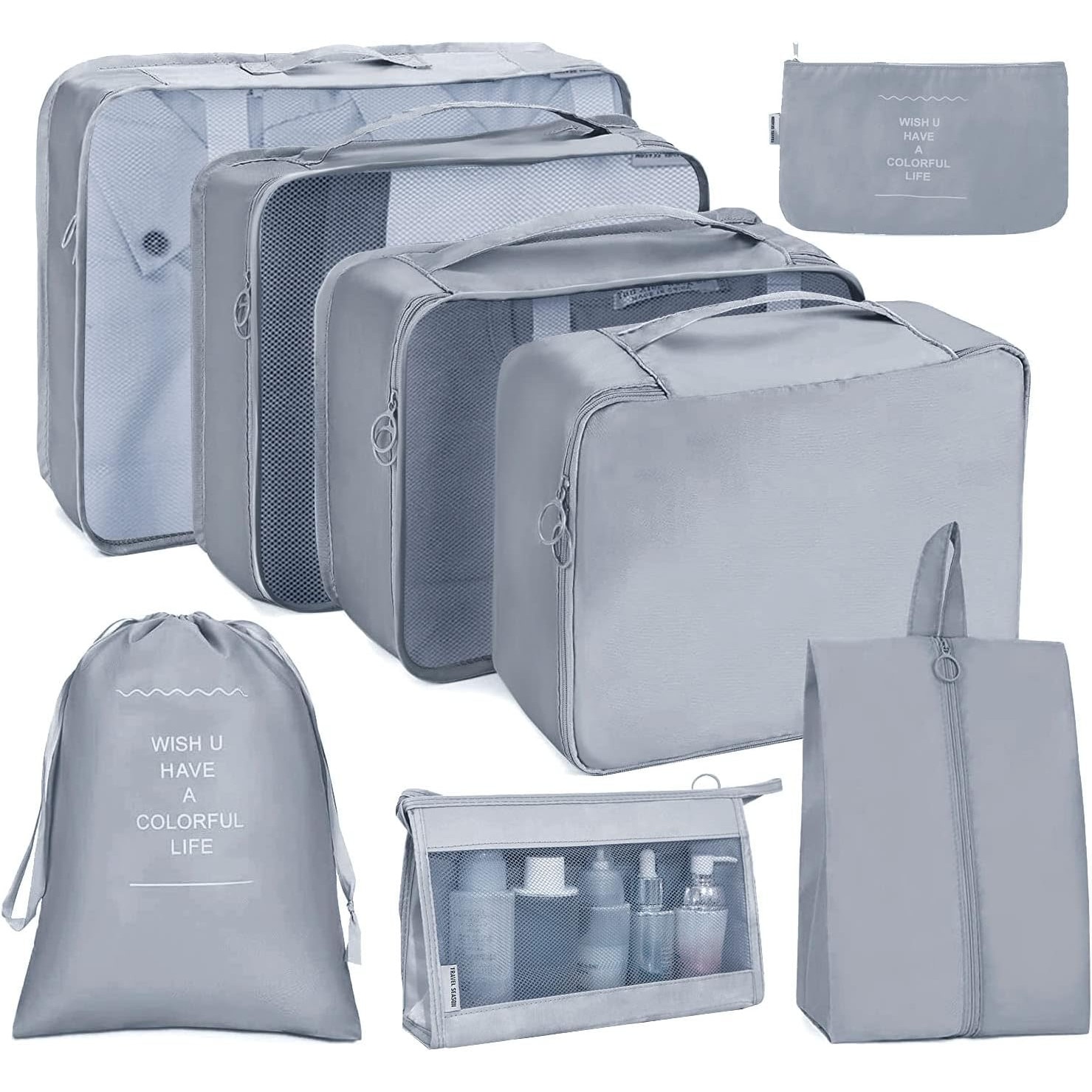 Set de genti de voiaj, 8 piese, gri, din nylon, impermeabile, usor de ...