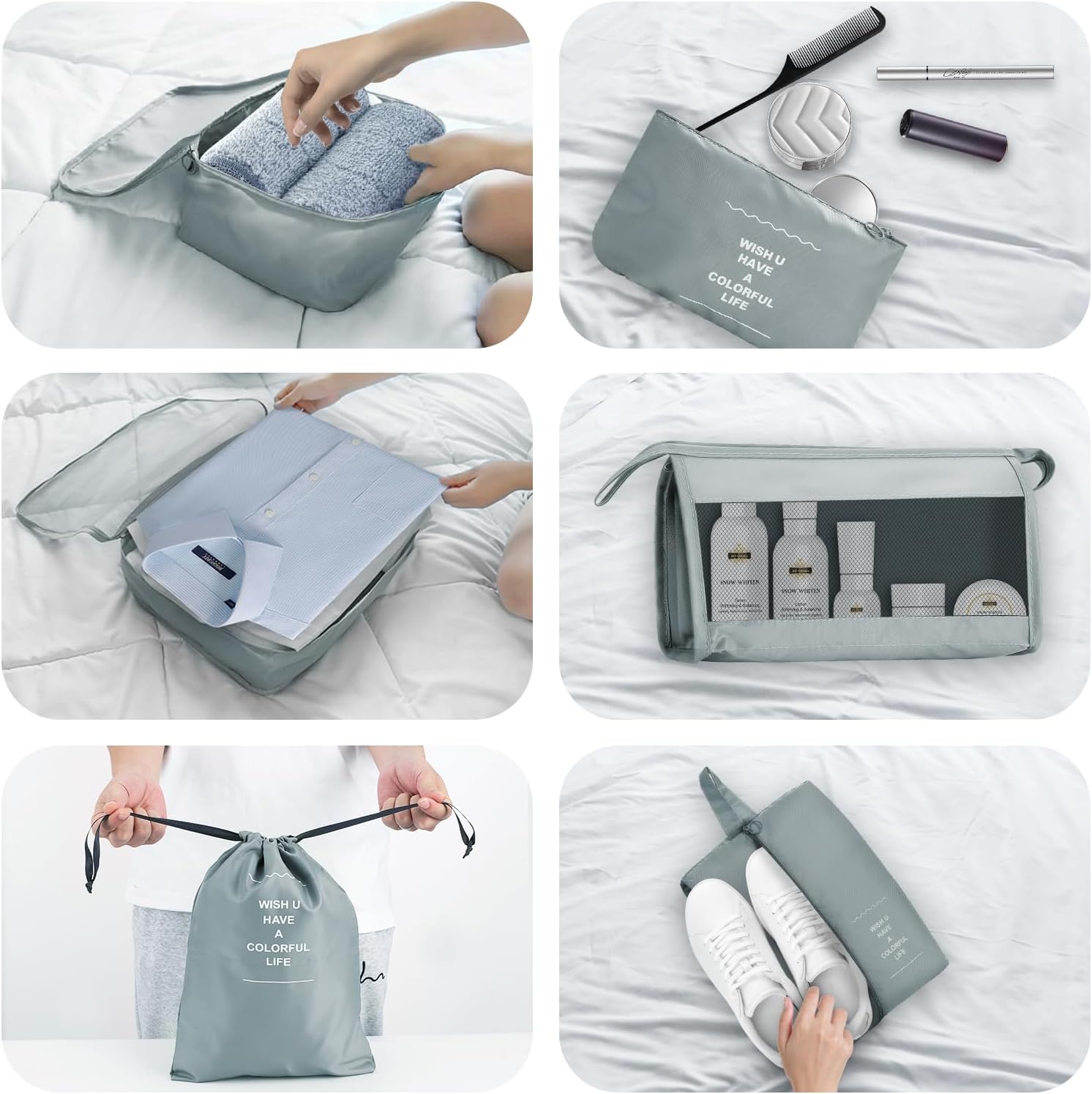 Set de genti de voiaj, 8 piese, gri, din nylon, impermeabile, usor de ...