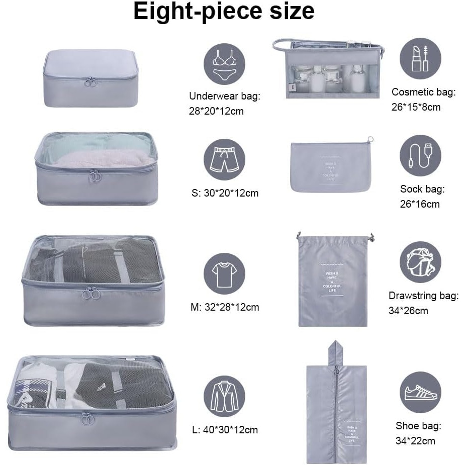 Set de genti de voiaj, 8 piese, gri, din nylon, impermeabile, usor de ...