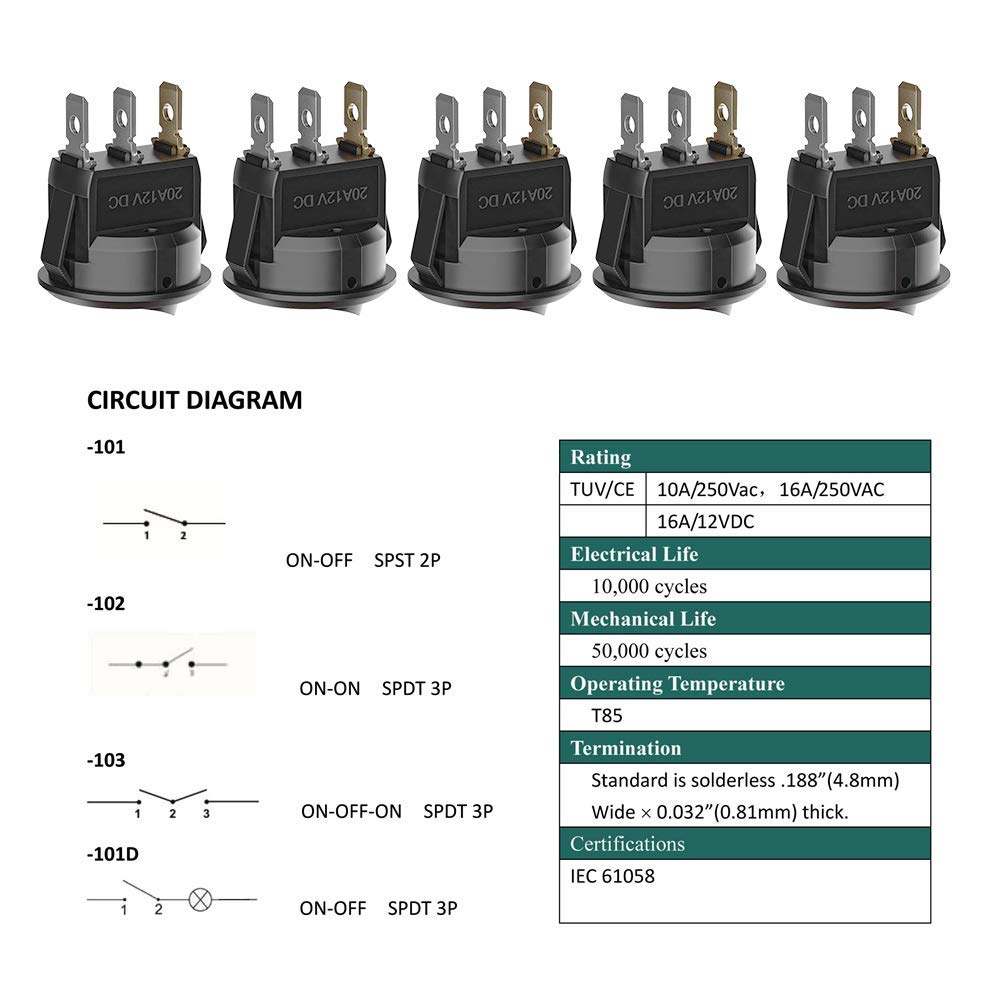 20 x Intrerupator auto rotund 12 V Comutator auto 12 V Iluminat DC 12 V ...