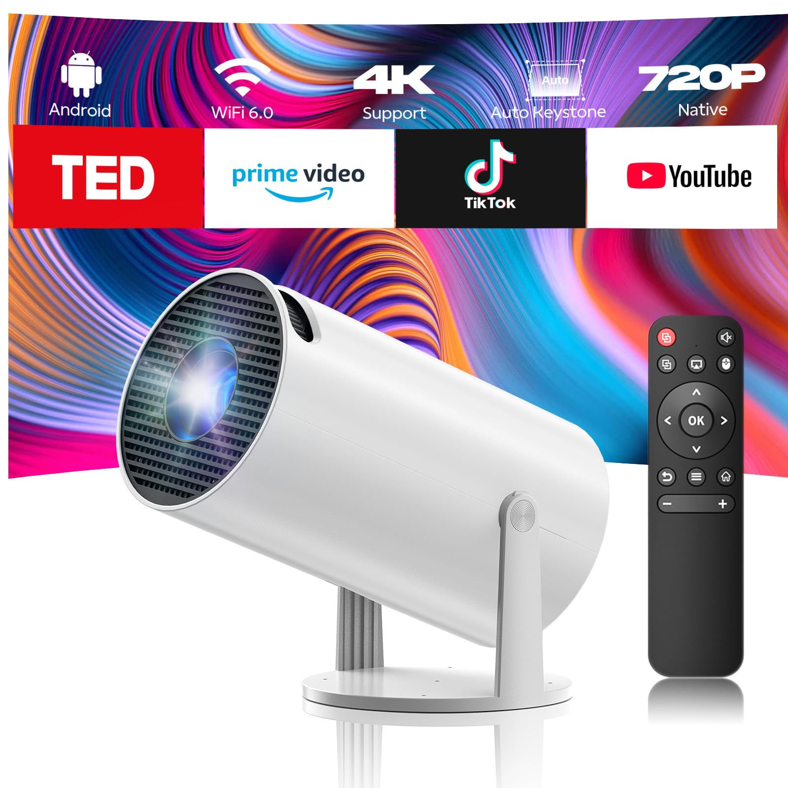 Mini proiector portabil CAMWORLD 4K, WiFi 6, Bluetooth 5.0, 220 grade ...