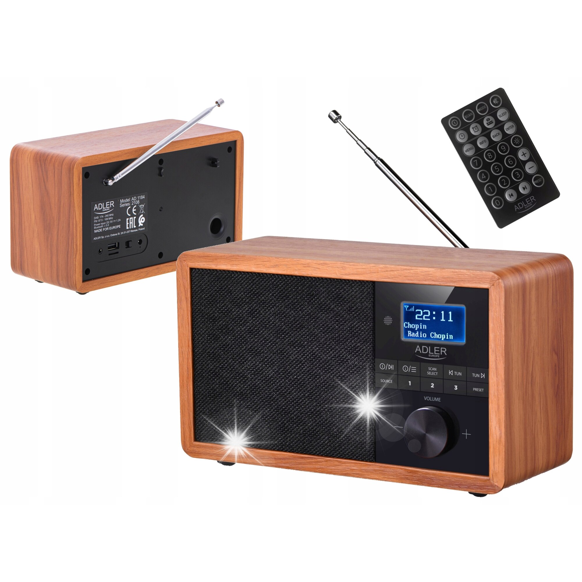 Radio cu ceas Adler AD 1184, Bluetooth, DAB+, 3W, lemn - eMAG.ro