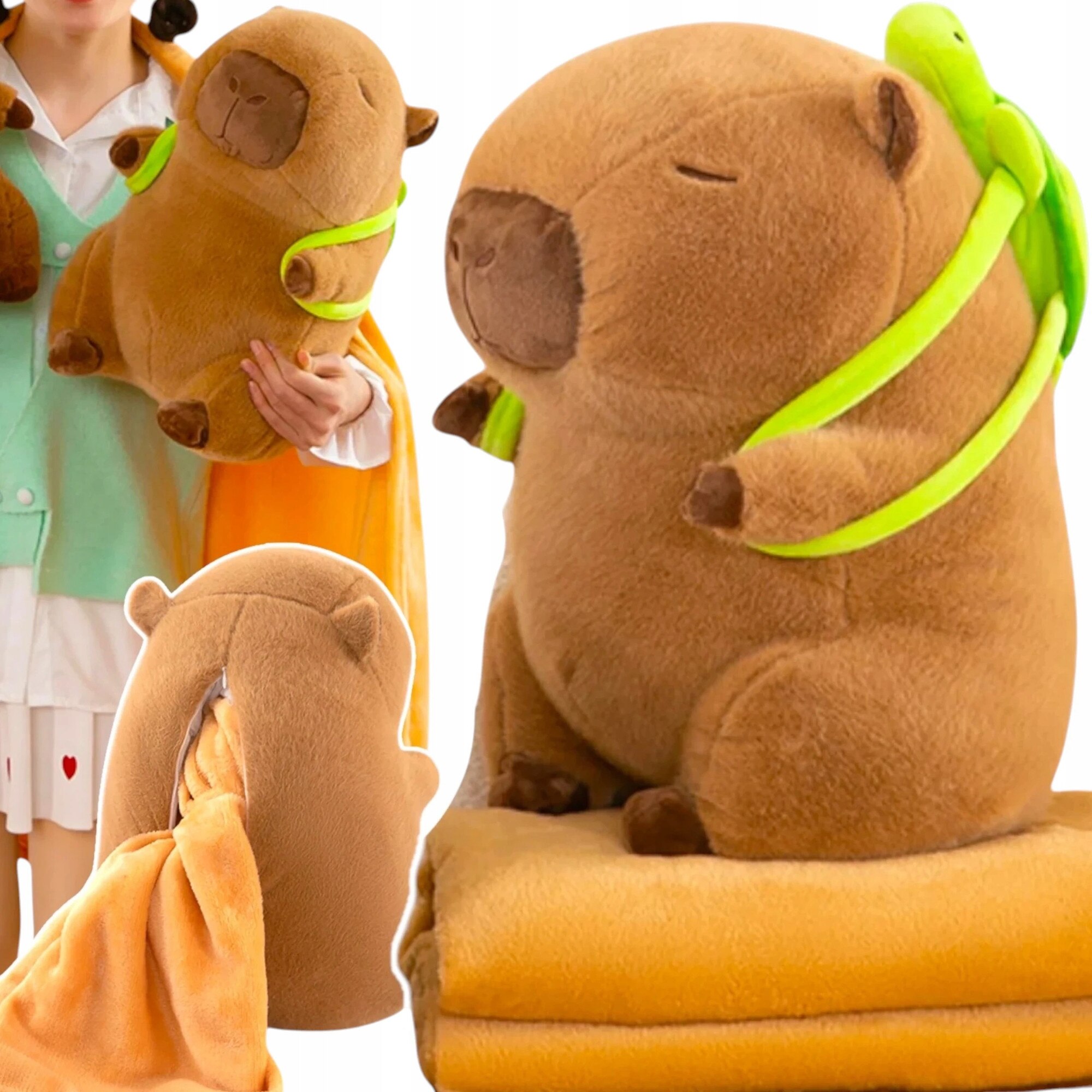 Capibara cu patura, jucarie de plus, 40cm, maro cu rucsac verde - eMAG.ro