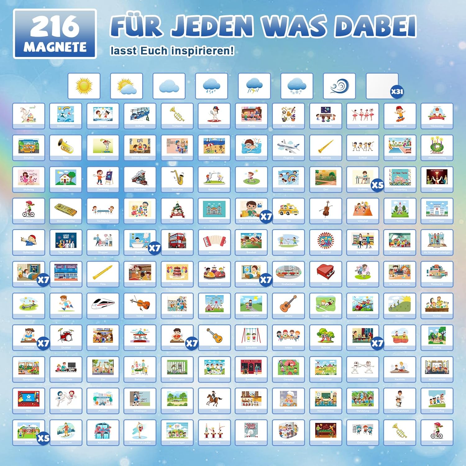 Montessori heti tervező, mágneses tábla gyerekeknek, 216 mágnes, Blue ...