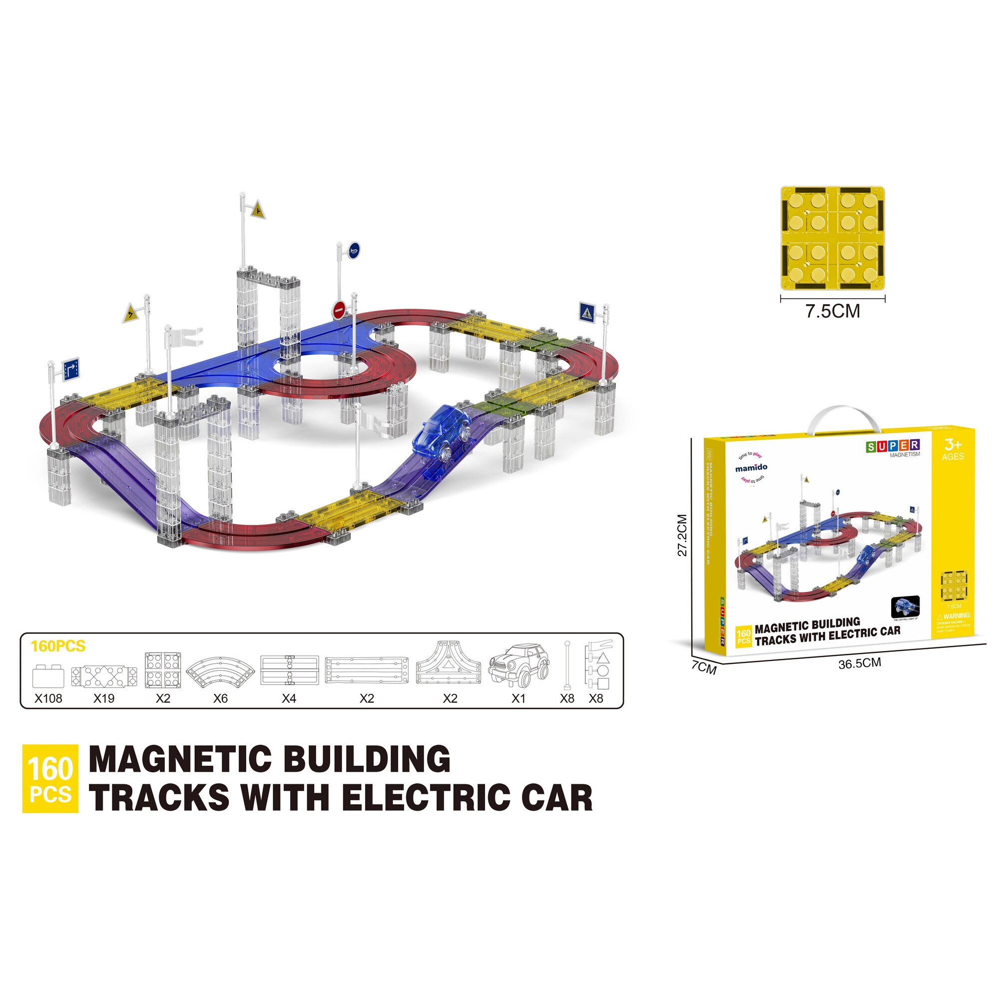 Mamido Set de constructie magnetic pista de curse cu masinuta electrica ...