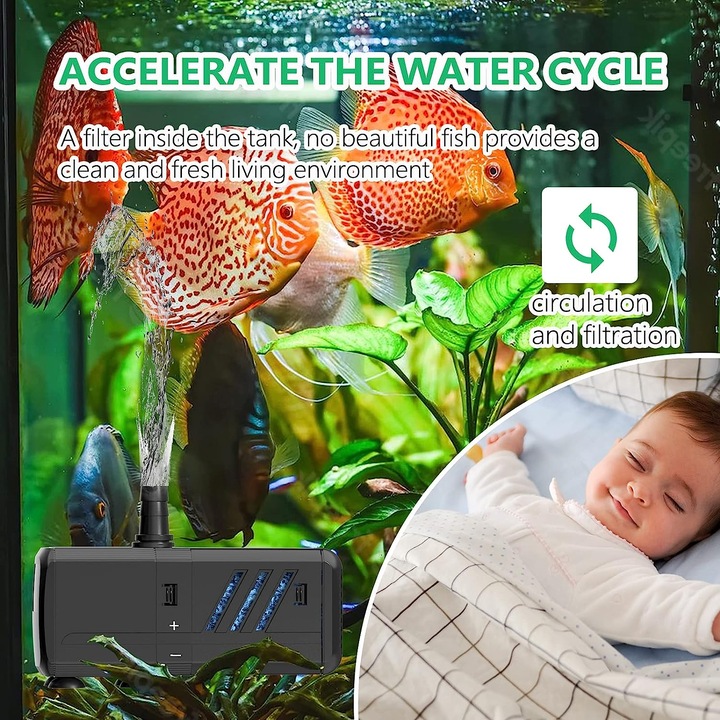 Filtru intern pentru acvariu, Lynker, 4 in 1, 6W, 500L/H, Negru, 13*4.3 ...