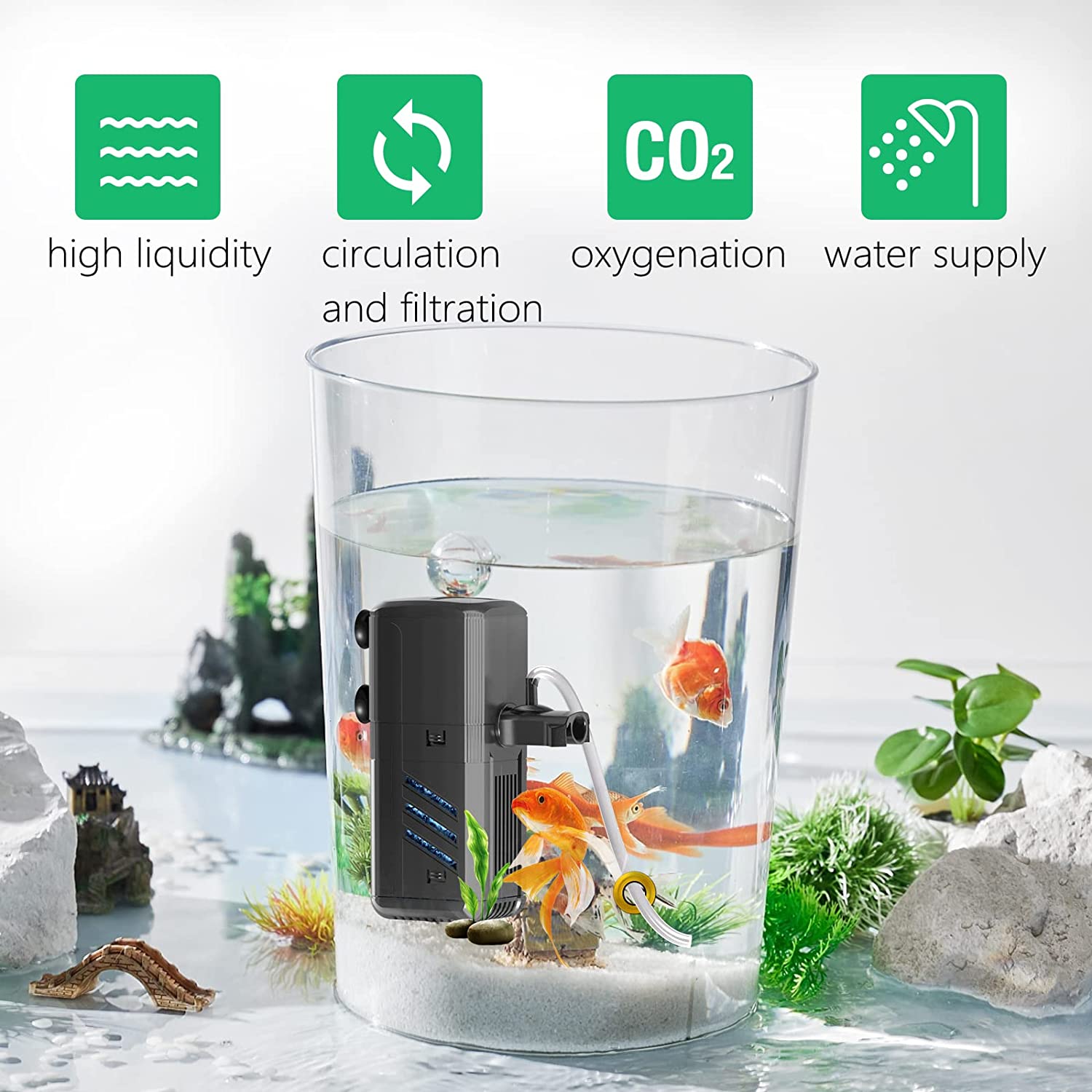 Filtru intern pentru acvariu, Lynker, 4 in 1, 6W, 500L/H, Negru, 13*4.3 ...