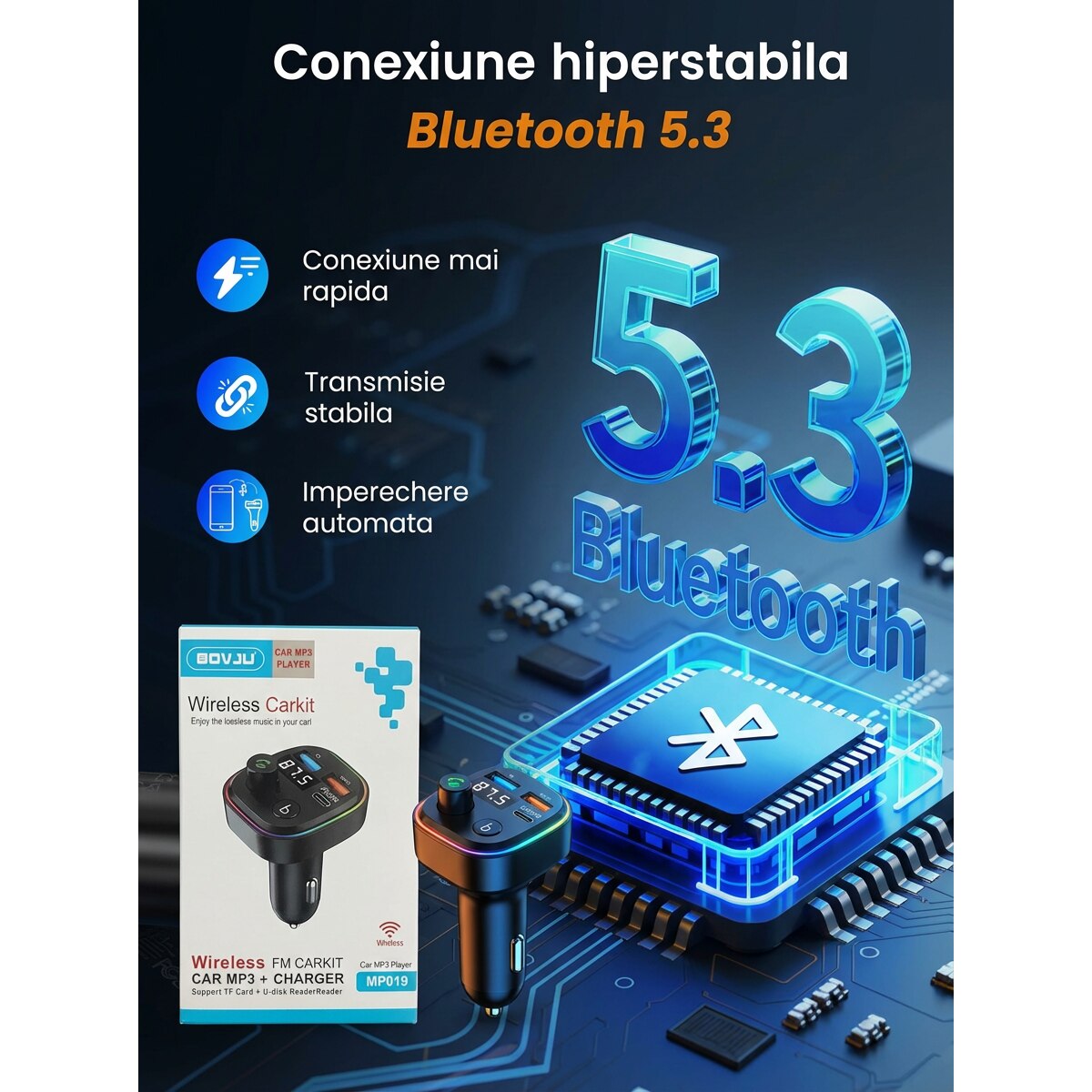 FM modulátor autóba Bluetooth-tal, vezeték nélküli MP3 kihangosító, USB ...