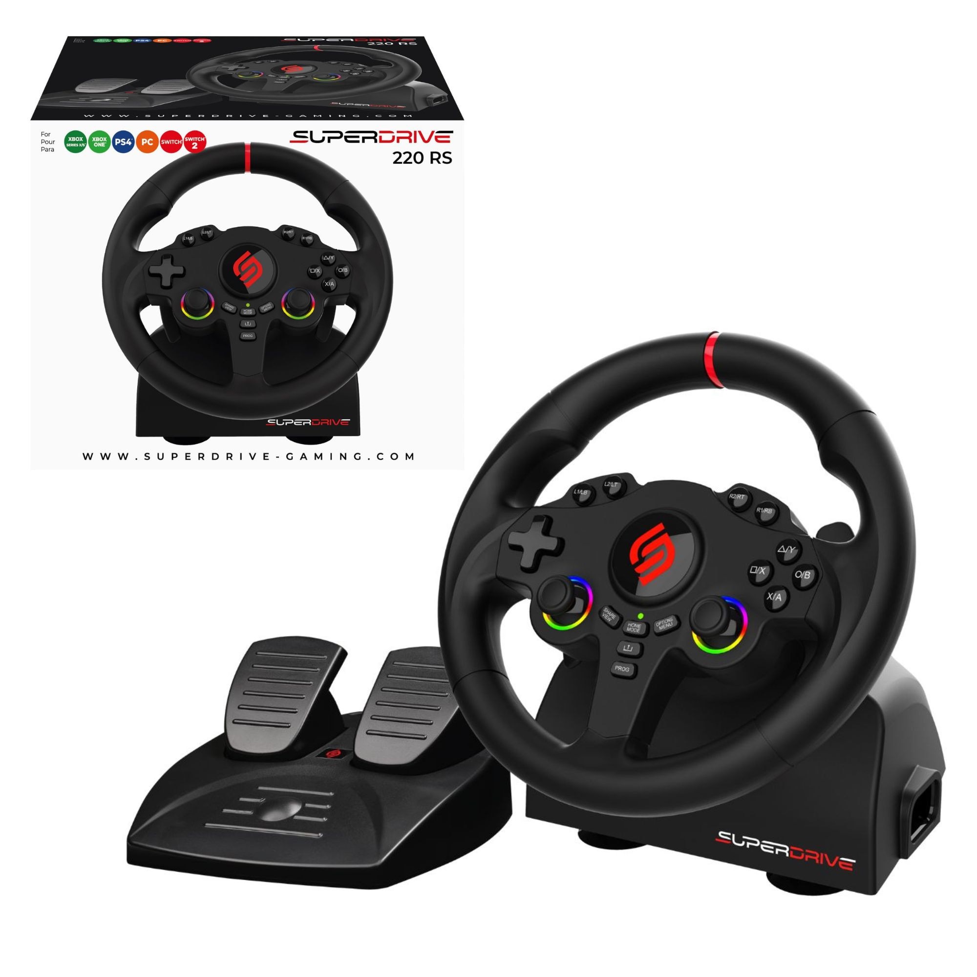 Volan de gaming 220 RS cu pedale, LED RGB, 22cm, unghi de rotatie 180 ...