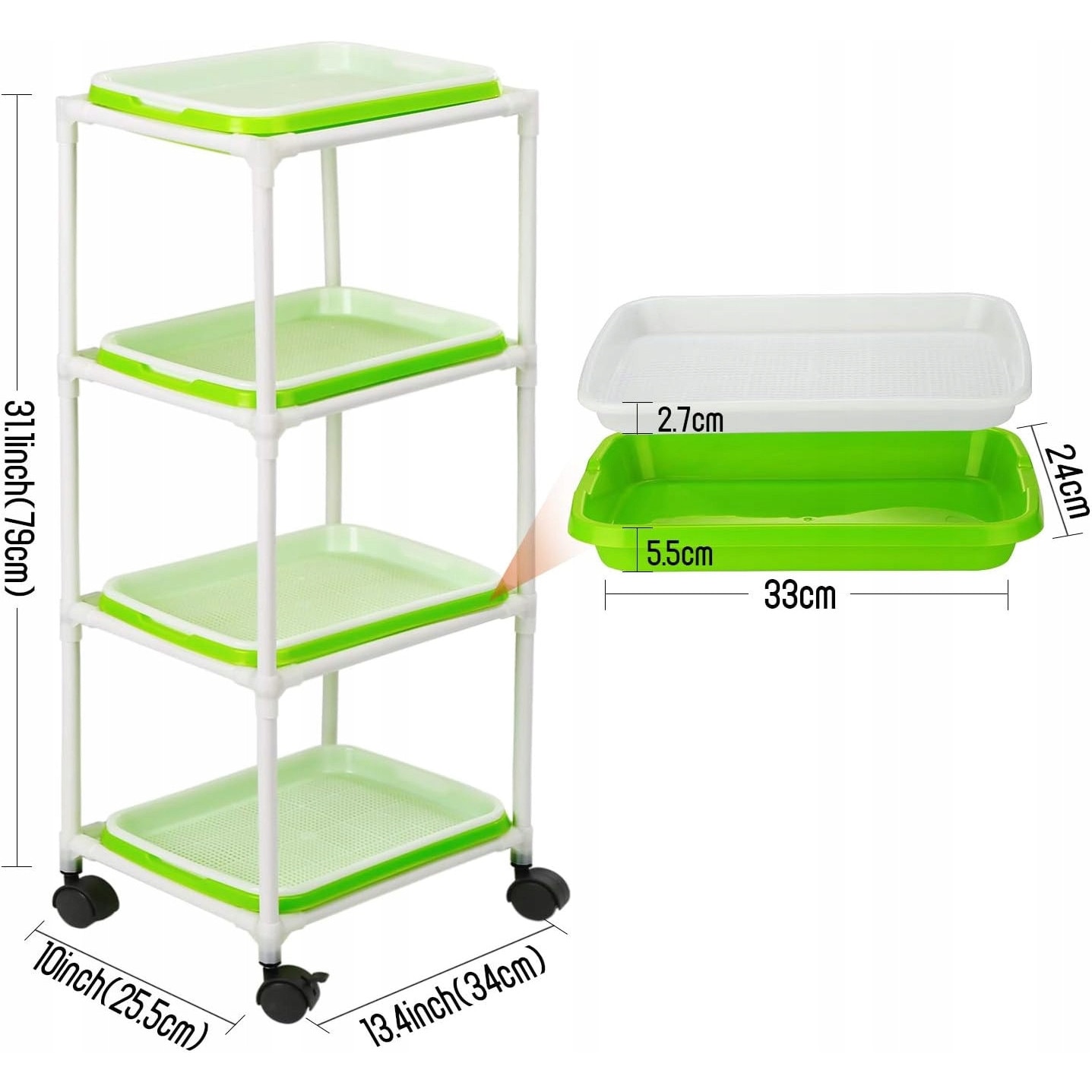 Set de germinare cu suport 4 niveluri, tavi albe si verzi, dimensiuni ...