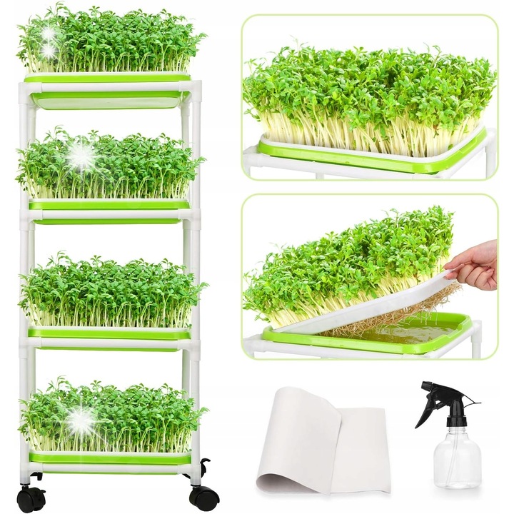 Set de germinare cu suport 4 niveluri, tavi albe si verzi, dimensiuni ...