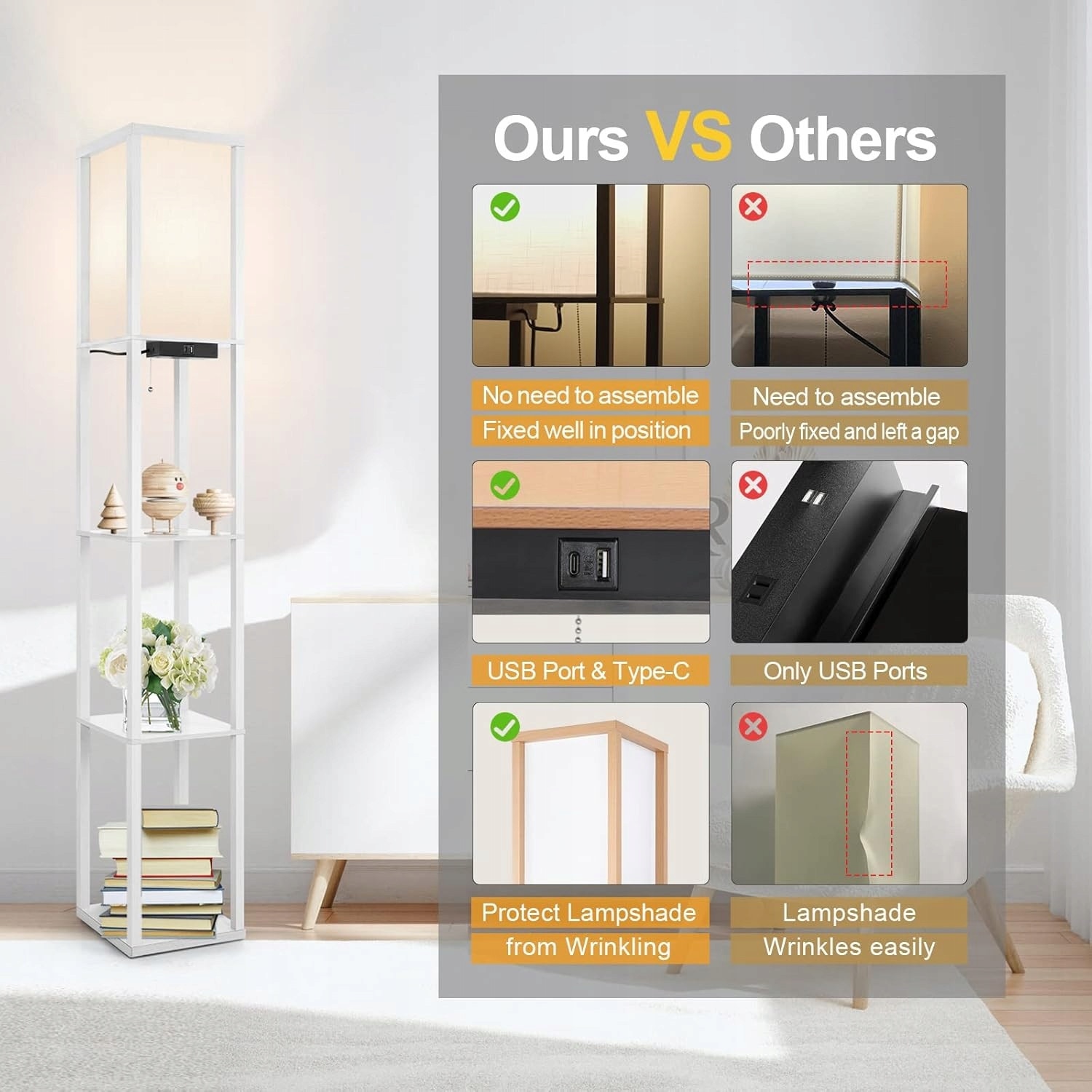 Lampa stand LED alba cu 3 polite, dimabila, telecomanda, functie de ...