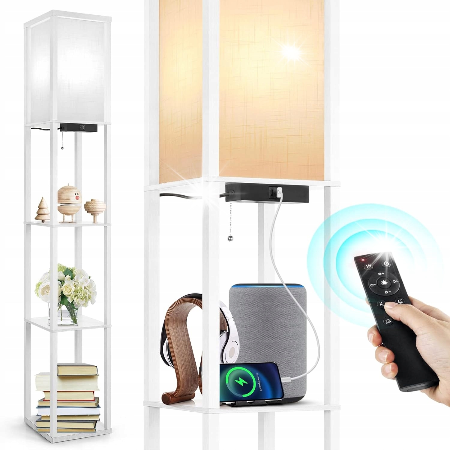 Lampa stand LED alba cu 3 polite, dimabila, telecomanda, functie de ...